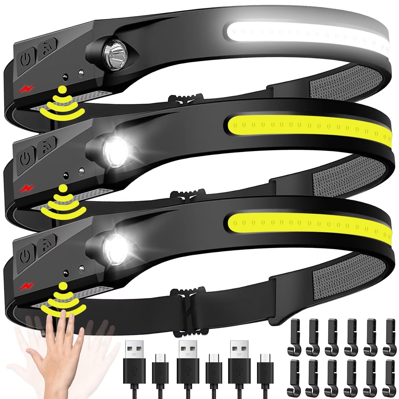 Headlamp Rechargeable, 230° Wide Beam Head Lamp LED with Motion Sensor ...