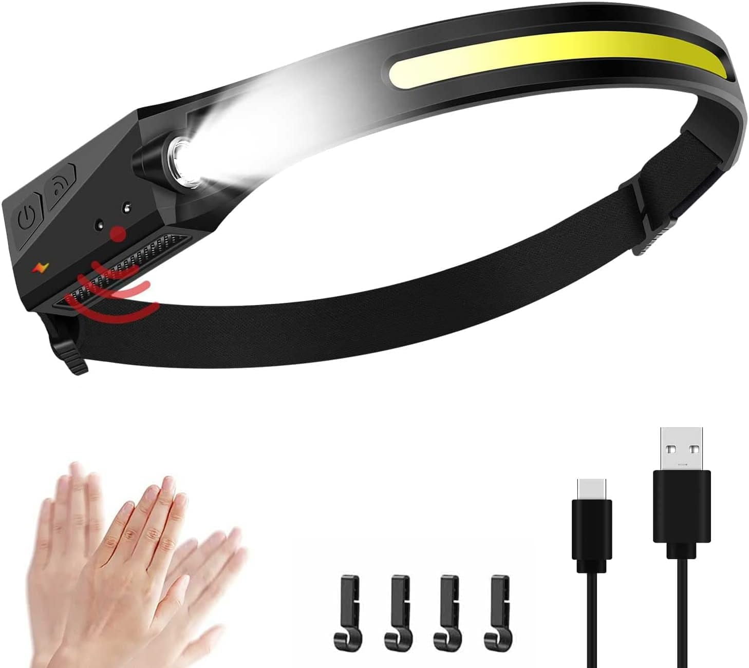 Headlamp Rechargeable, 230°Wide Beam Motion Sensor Headlight, 5 Modes ...