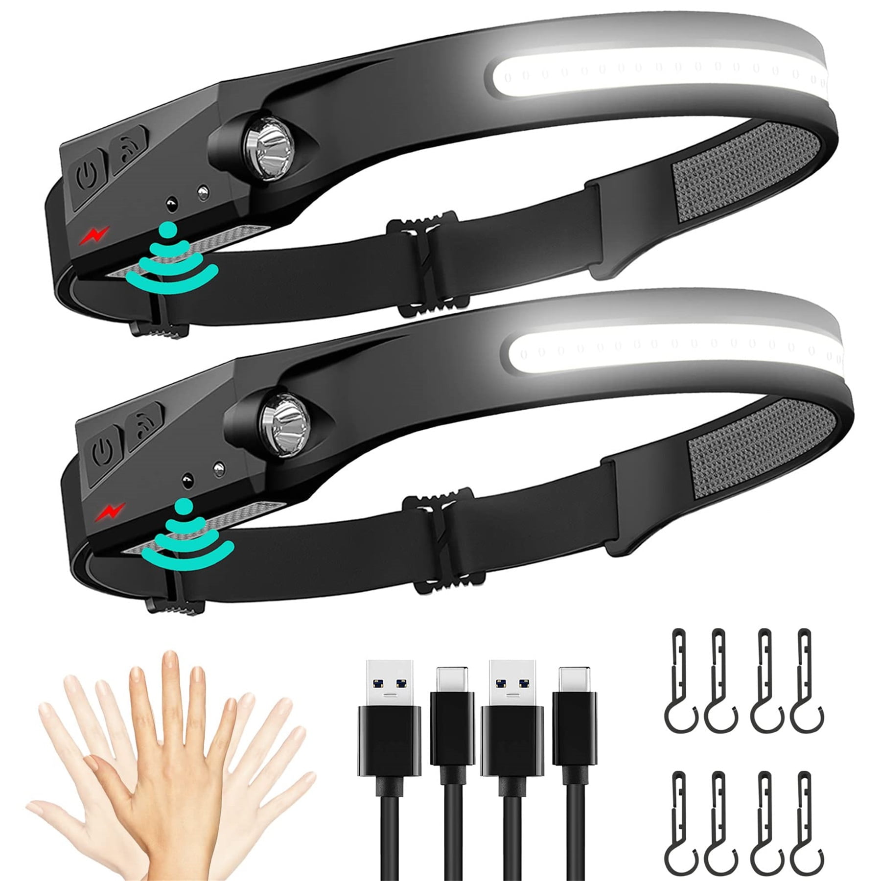 Headlamp Rechargeable 2PCS, 230° Wide Beam Head Lamp LED with Motion ...