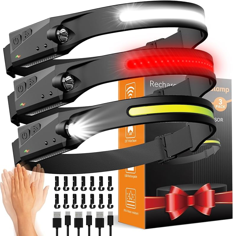 Headlamp Rechargeable 3 Pack, 230 ° Wide Beam Running Head Lamp Hands ...