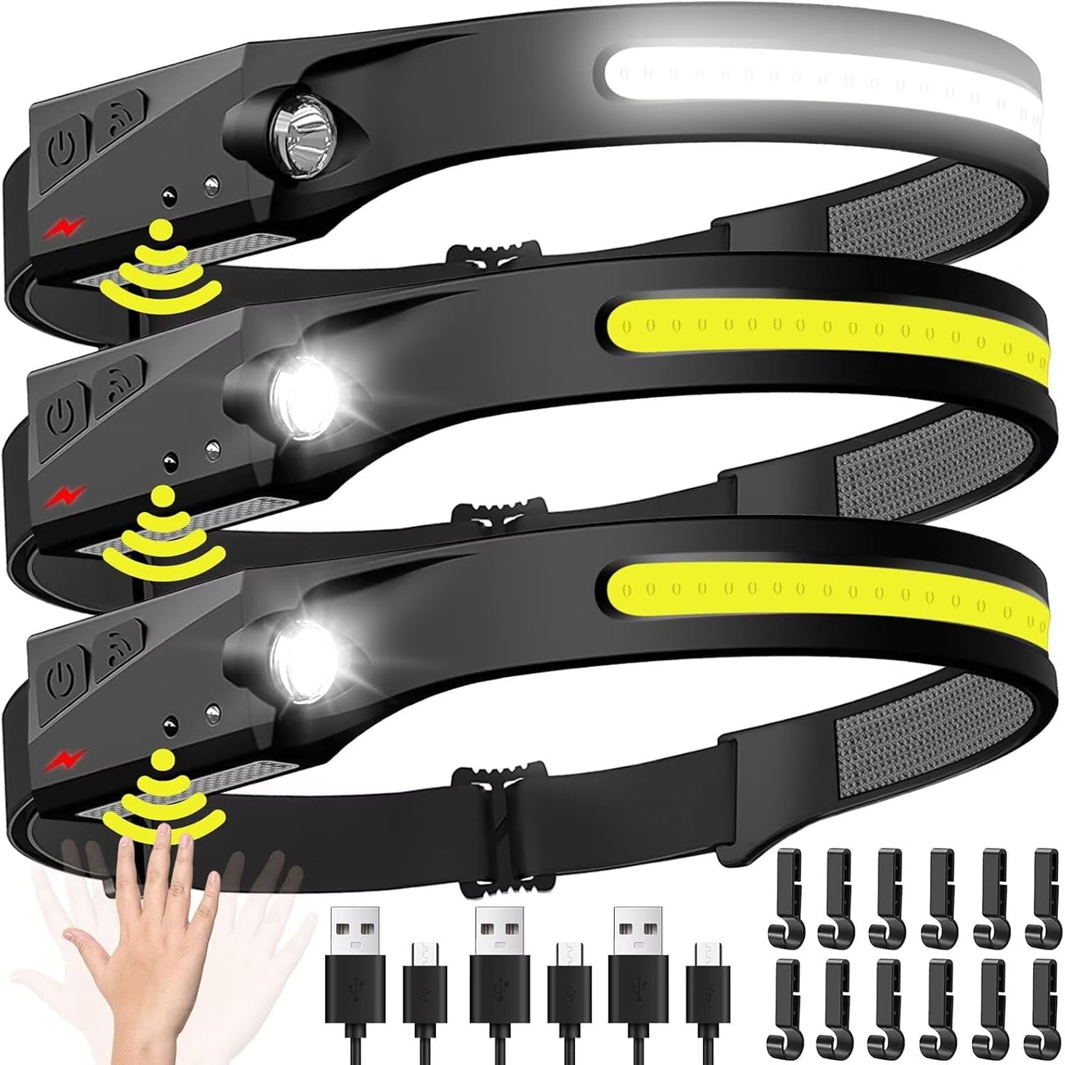 Headlamp Rechargeable 3PCS, 230° Wide Beam Head Lamp LED with Motion ...