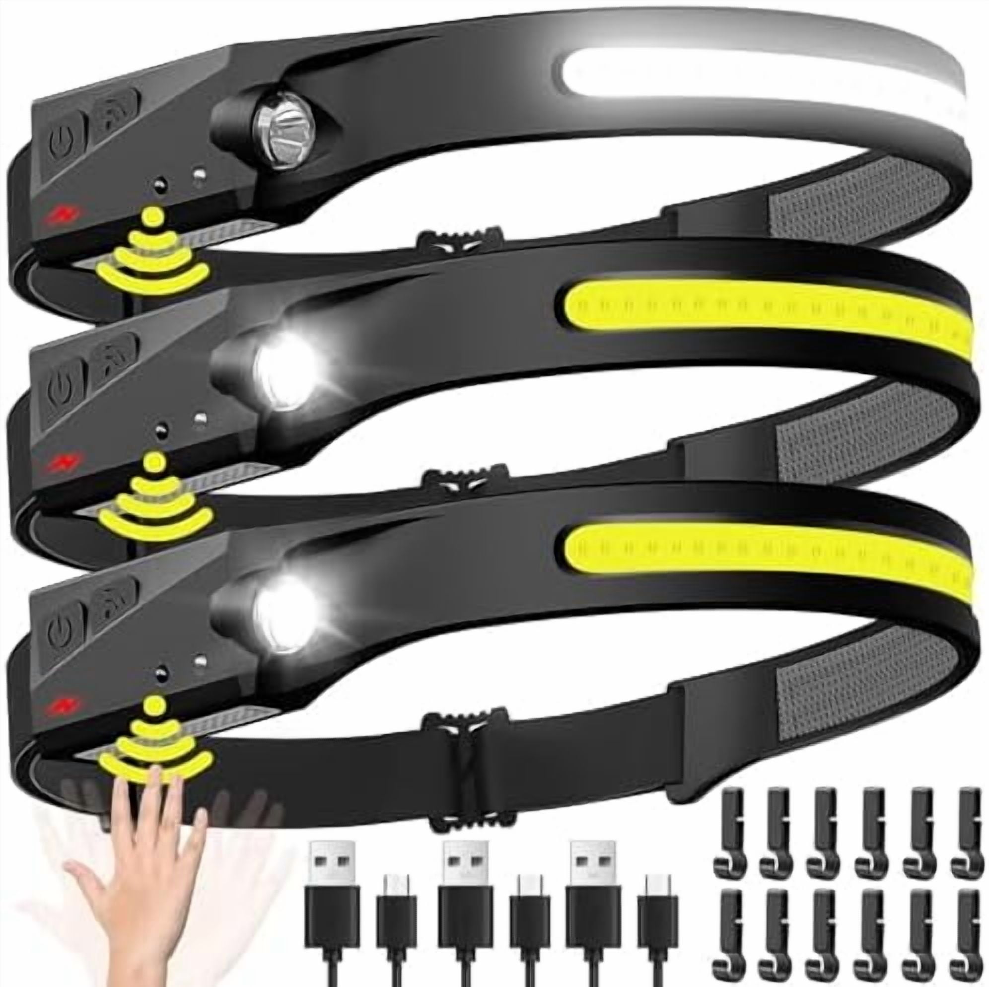 Headlamp Rechargeable 3PCS, 230° Wide Beam Head Lamp LED with Motion ...