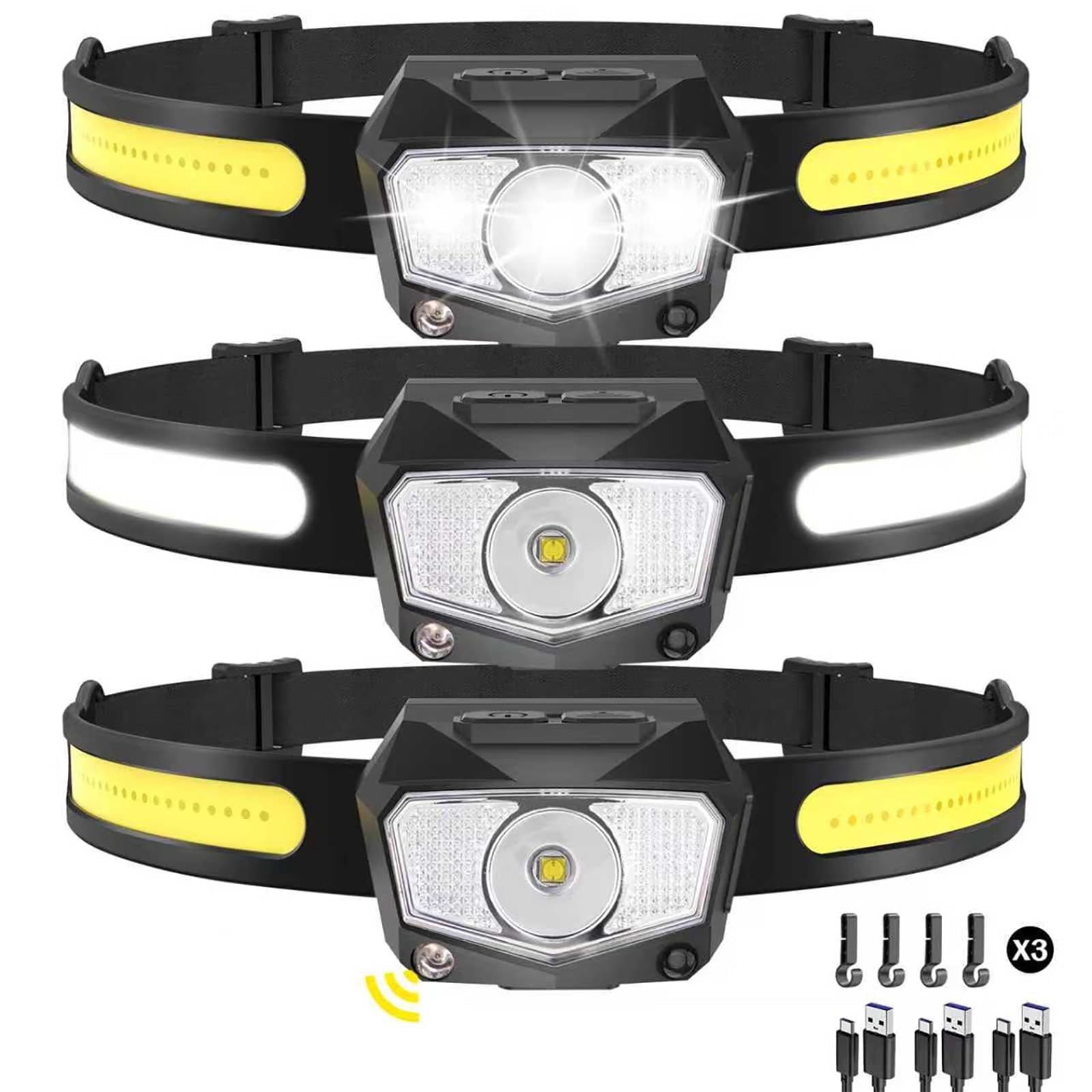 Headlamp Rechargeable 3Pack, 230°Wide Beam COB & 60° Super Birght LED ...