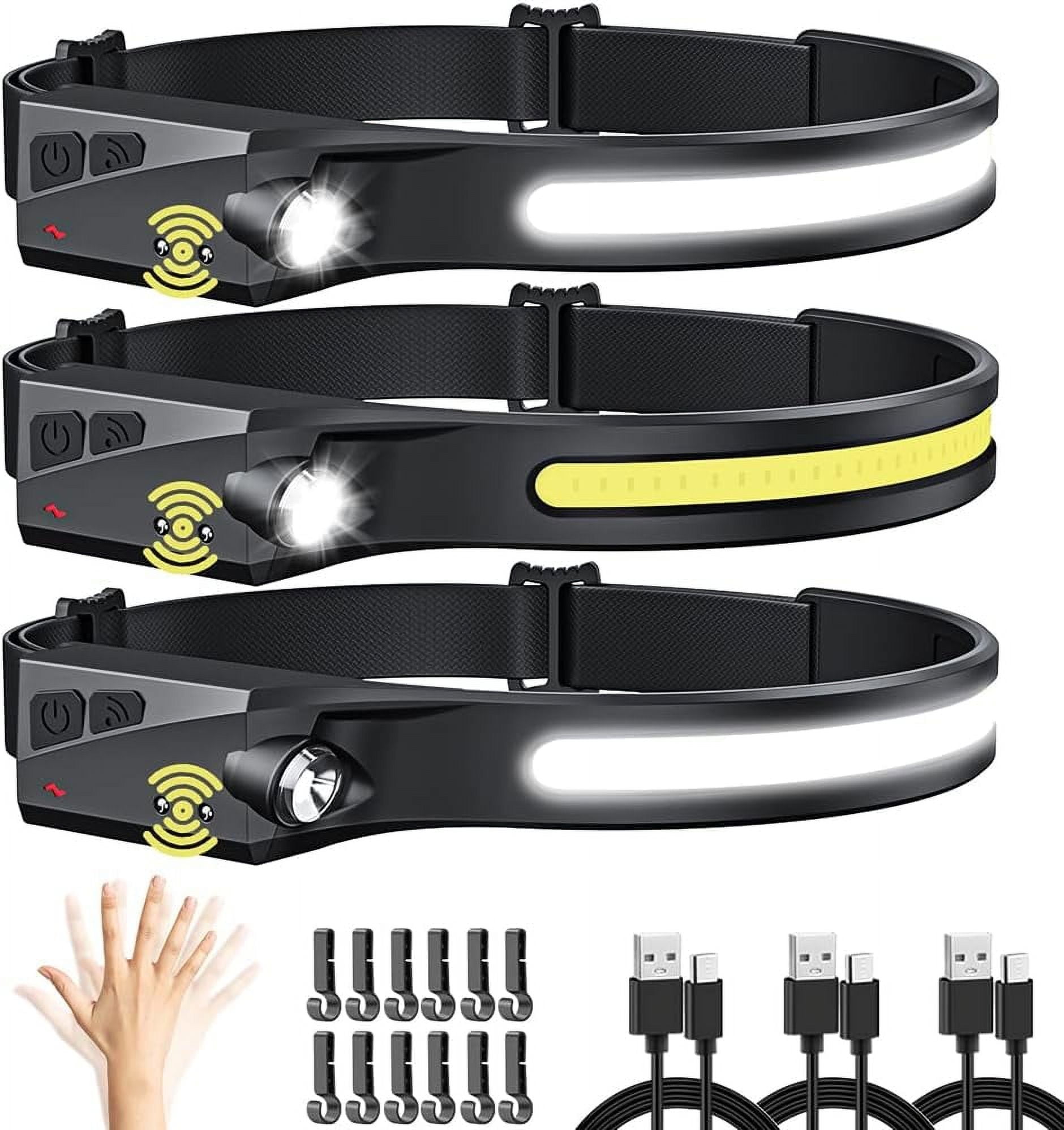 Headlamp Rechargeable 3Pack, LED Headlamp Flashlight with Motion Sensor ...