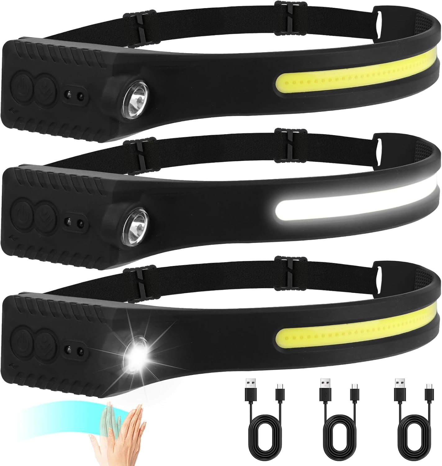 Headlamp Rechargeable 3pcs, 230° Wide Beam Head Lamp, LED Headlamp with ...