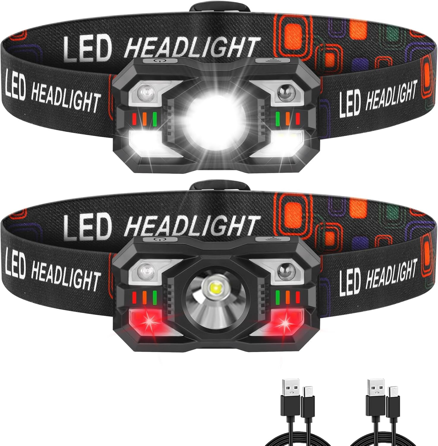 Headlamp Rechargeable, LED Headlamp with Red Light, 2Pack Headlamps for ...