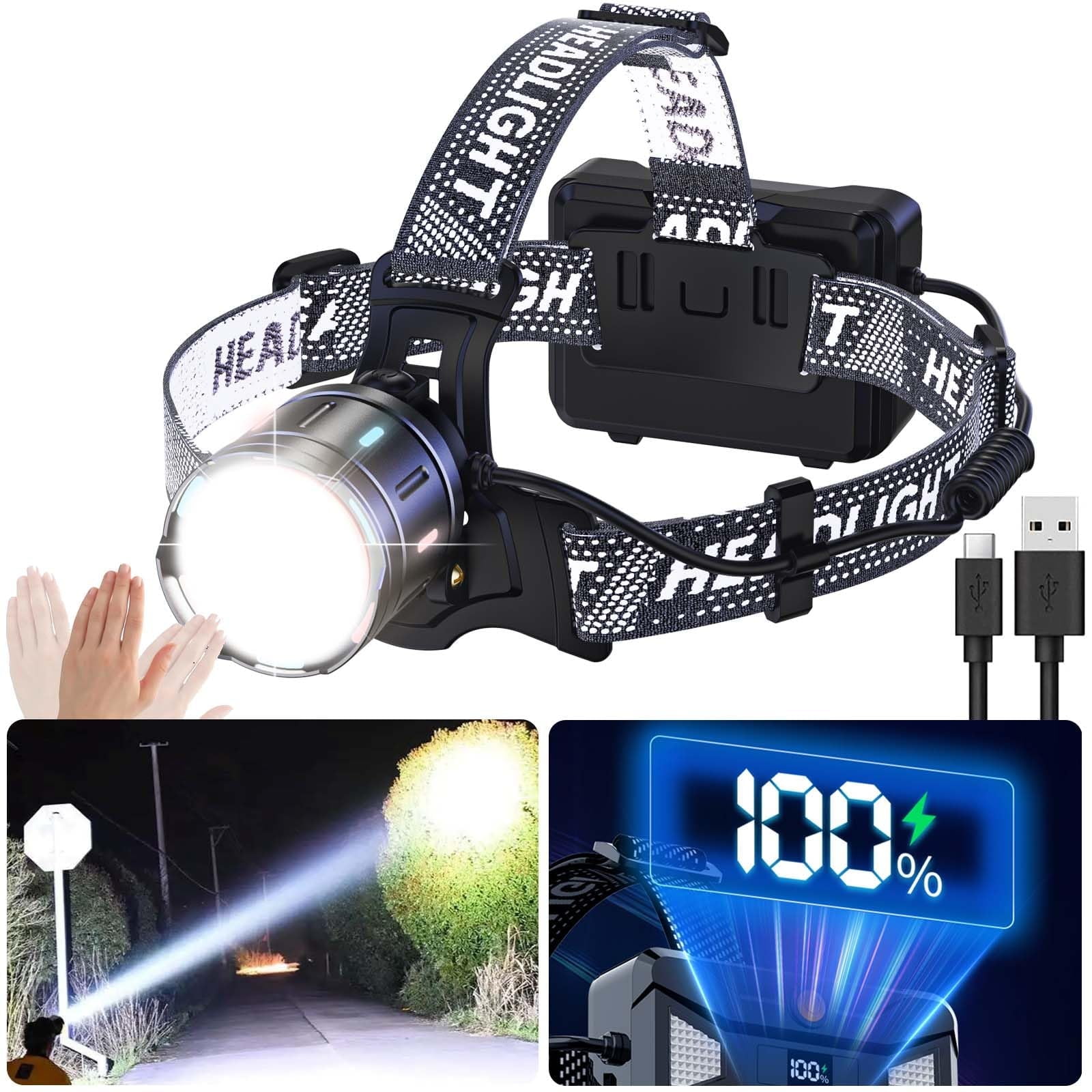 Headlamp 20000 High Lumens Rechargeable for Adult - 1500 Meters Long ...