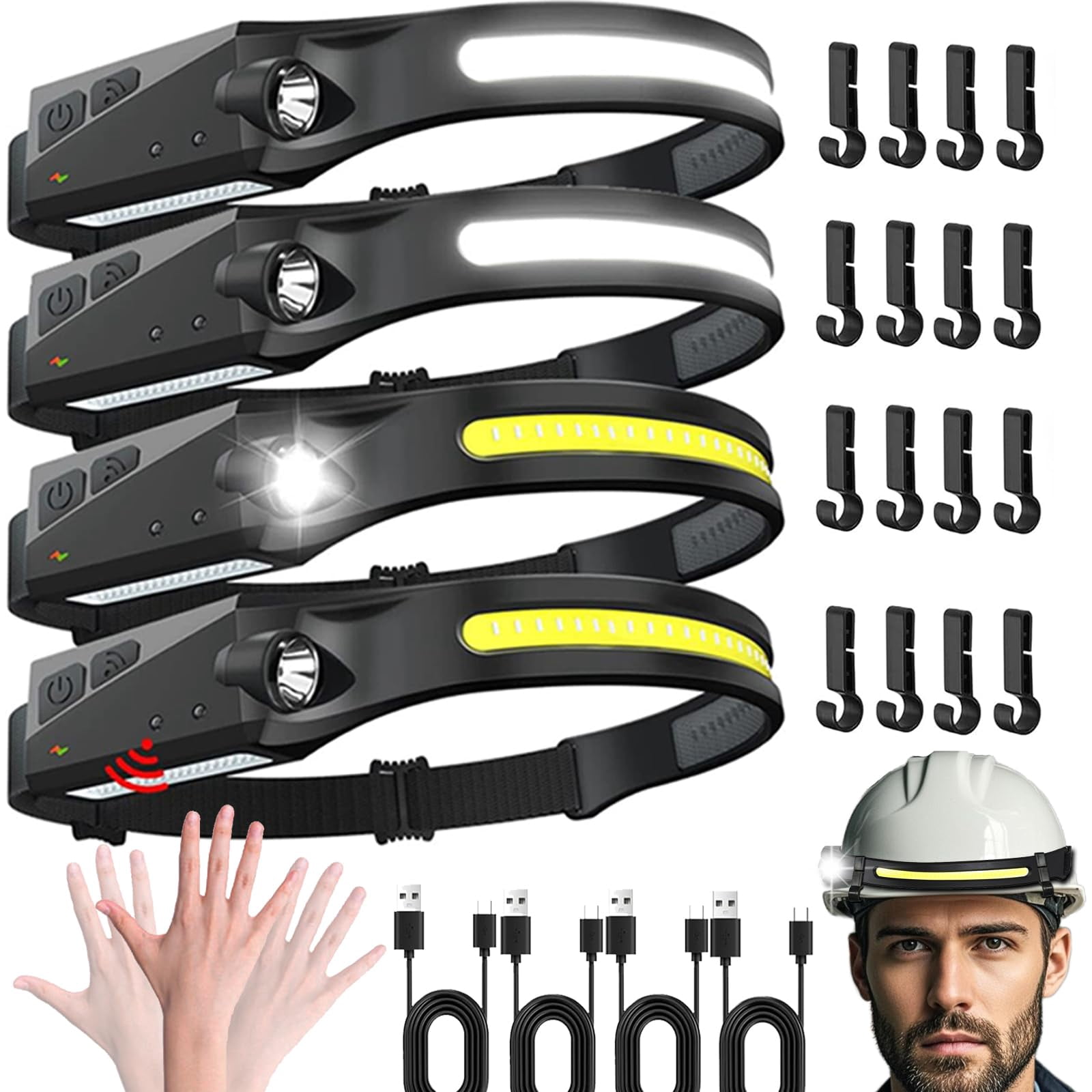 Headlamps Rechargeable 4 Packs, 230° Wide Beam Head Lamps Rechargeable ...
