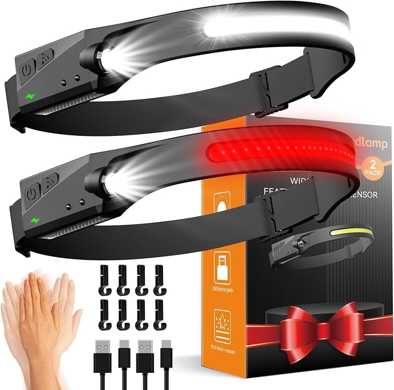 Headlamps Rechargeable with Red Light 2 Pack, 230° Wide Beam Running ...