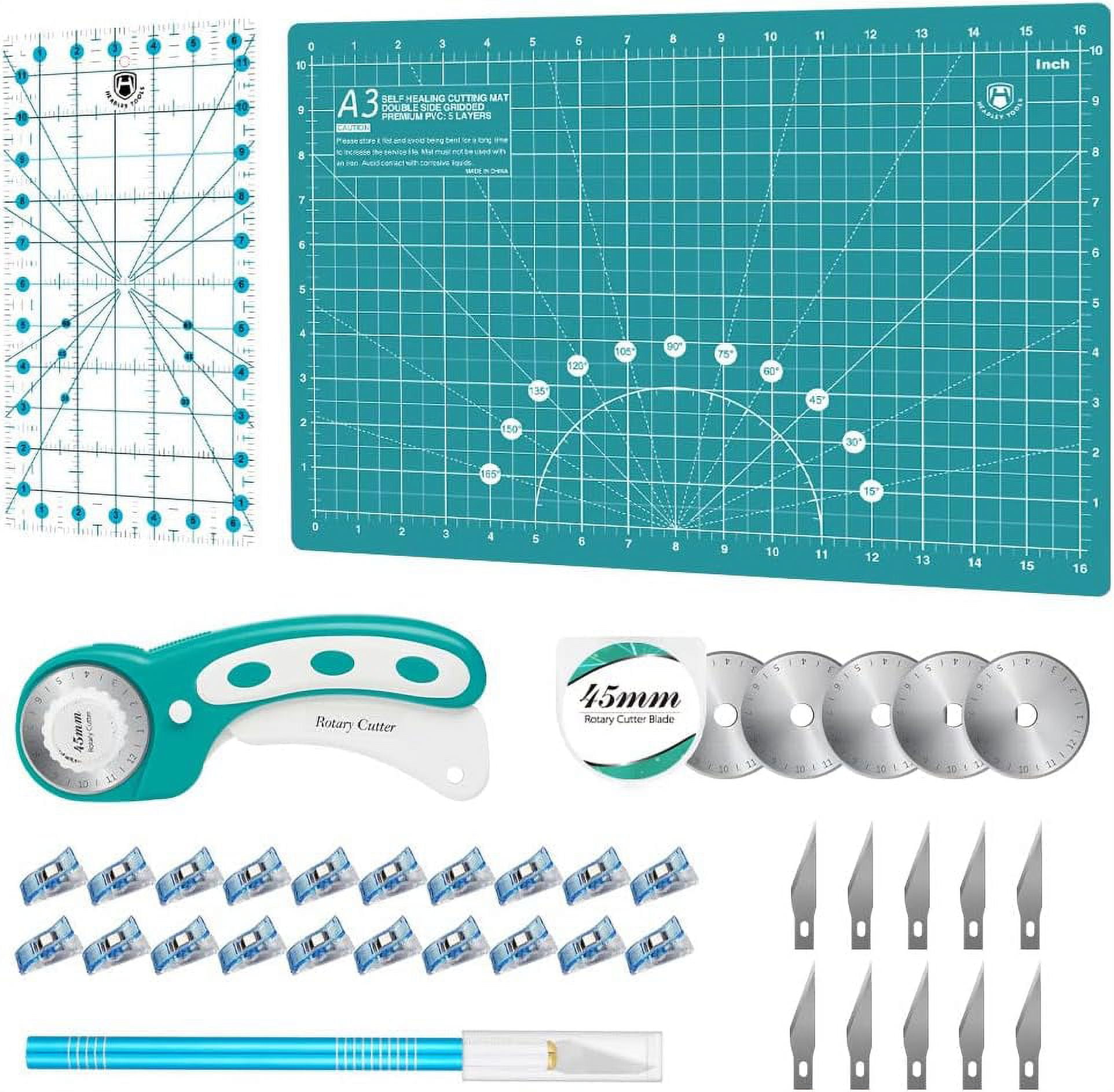Headley Tools Rotary Cutter Set - 45mm Fabric Cutter, 5 Extra Rotary Blades, A3 Cutting Mat ...