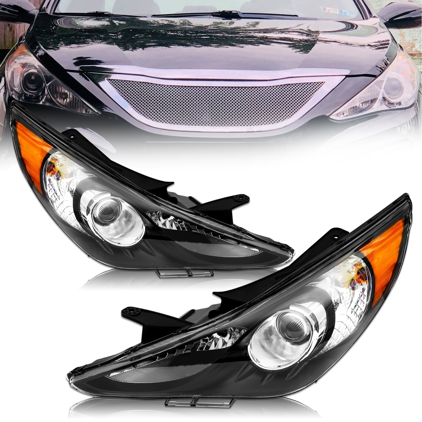 Headlight Assembly Replacement for 2011 2012 2013 2014 Hyundai Sonata Headlamps Pair Black ...
