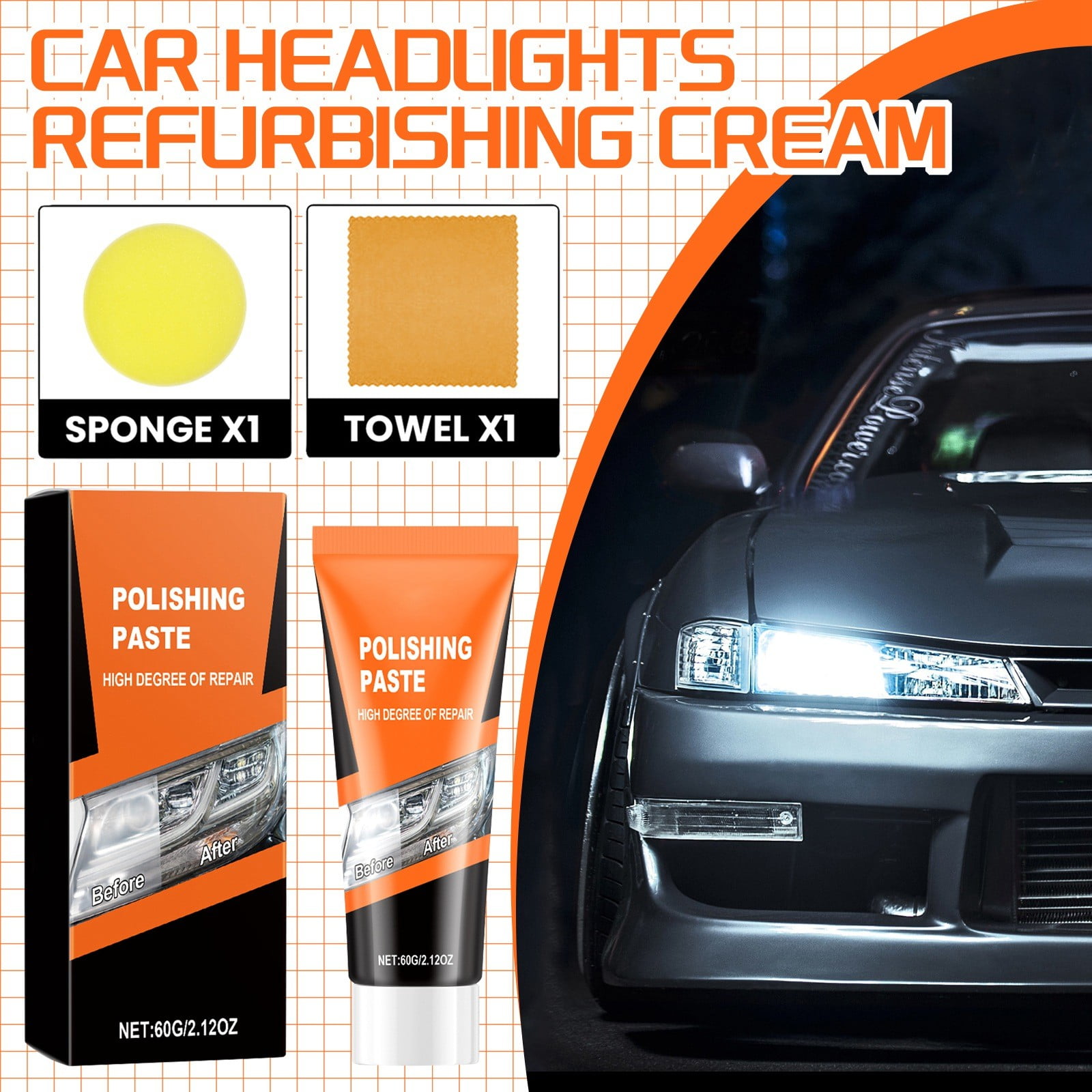 Headlight Polishing Paste Kit, 2.12oz High Degree of Repair, Includes ...