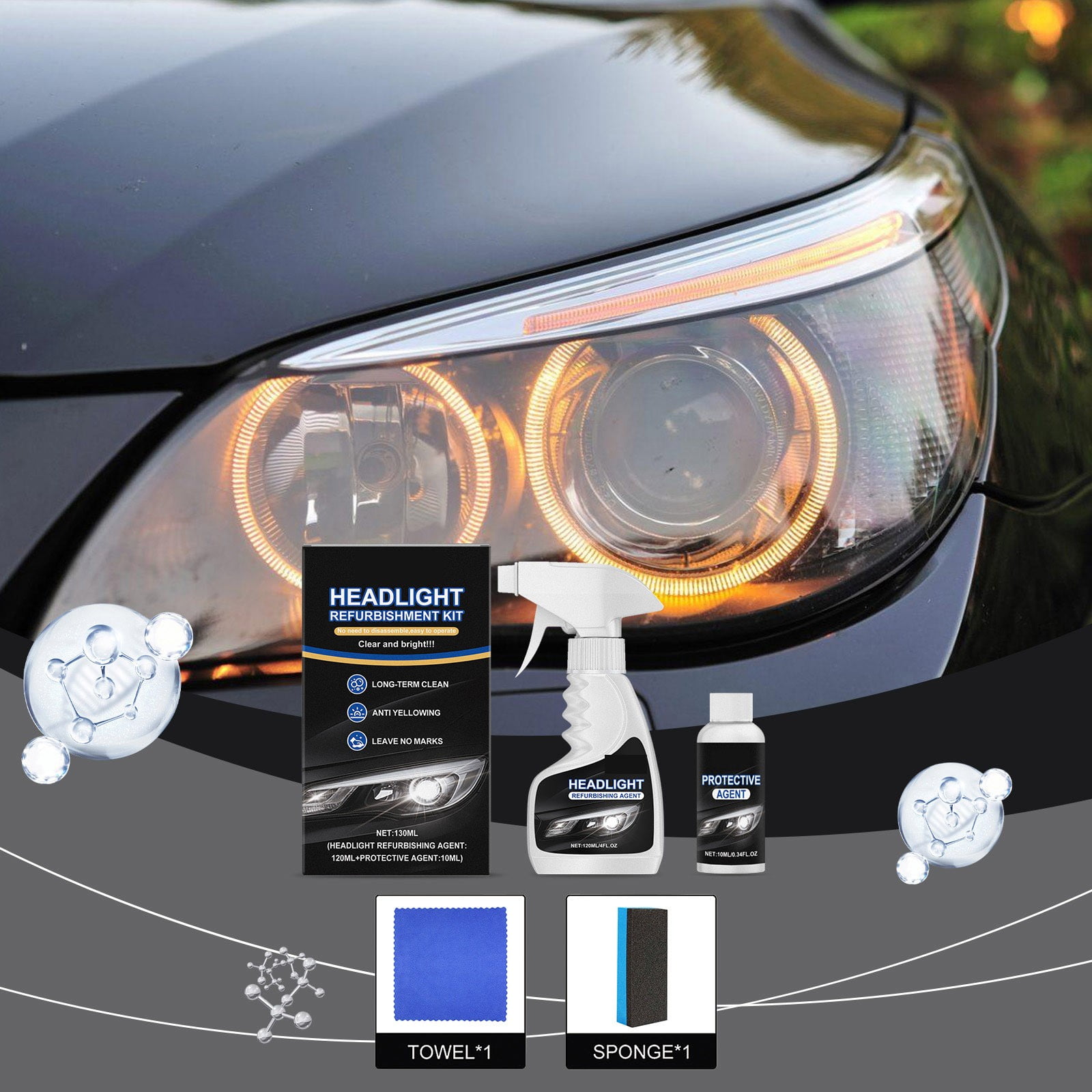 Headlight Restoration Kit 130ml, Yellow Foggy Lens Cleaner with Coating ...