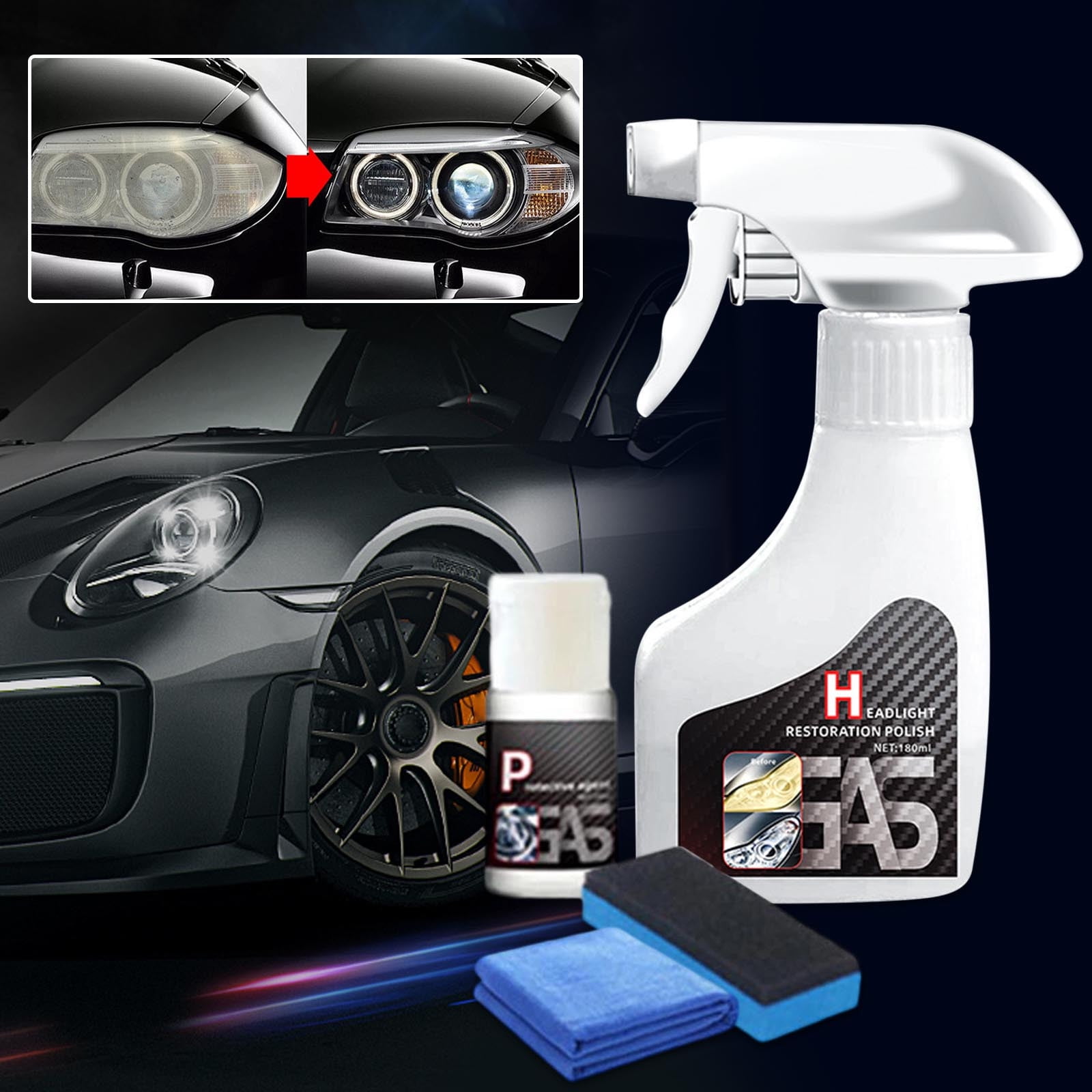 Headlight Restoration Kit with Crystal Coating - 180ml Car Lens Cleaner ...