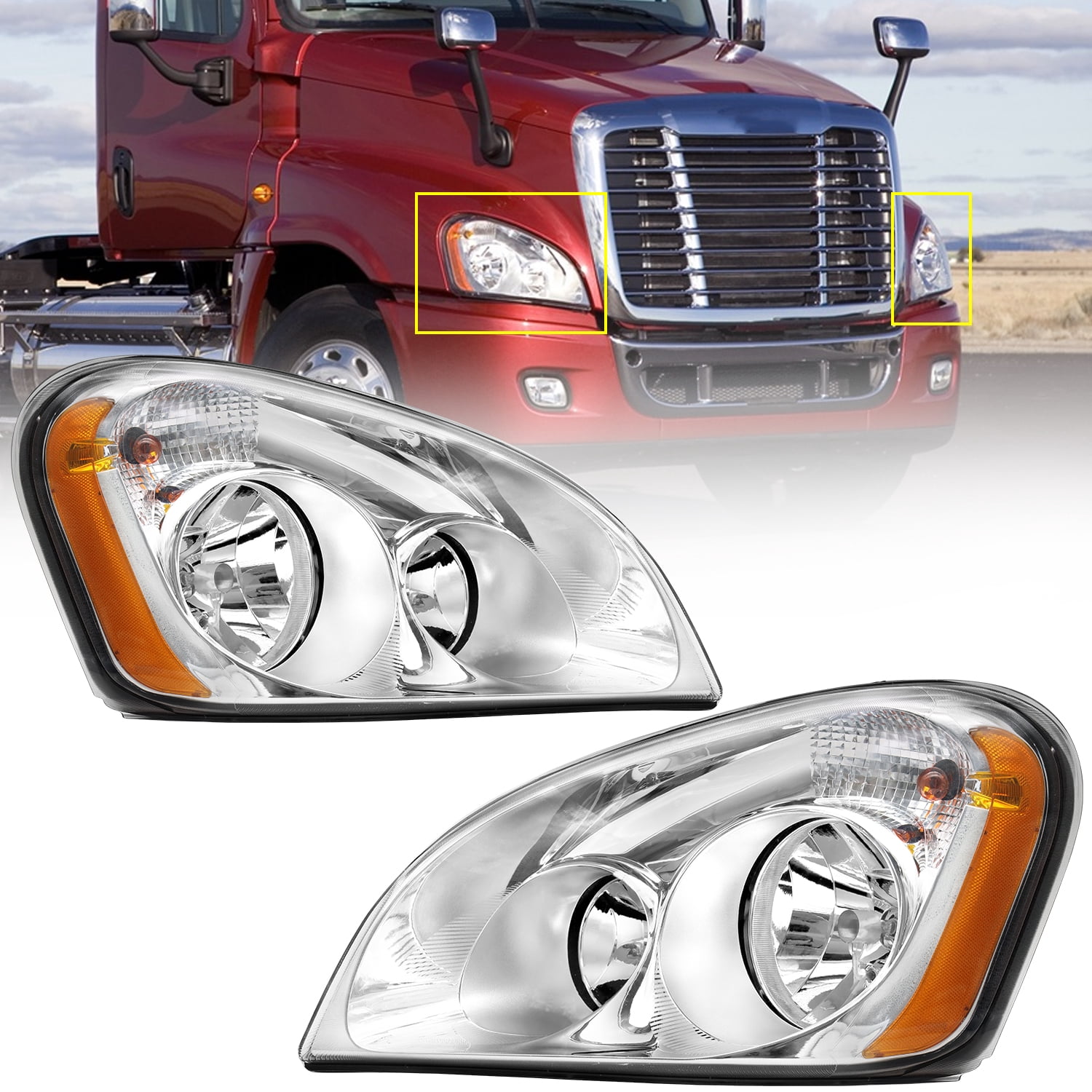 Headlights Assembly Fit For 2008-2016 Freightliner Cascadia, Chrome ...