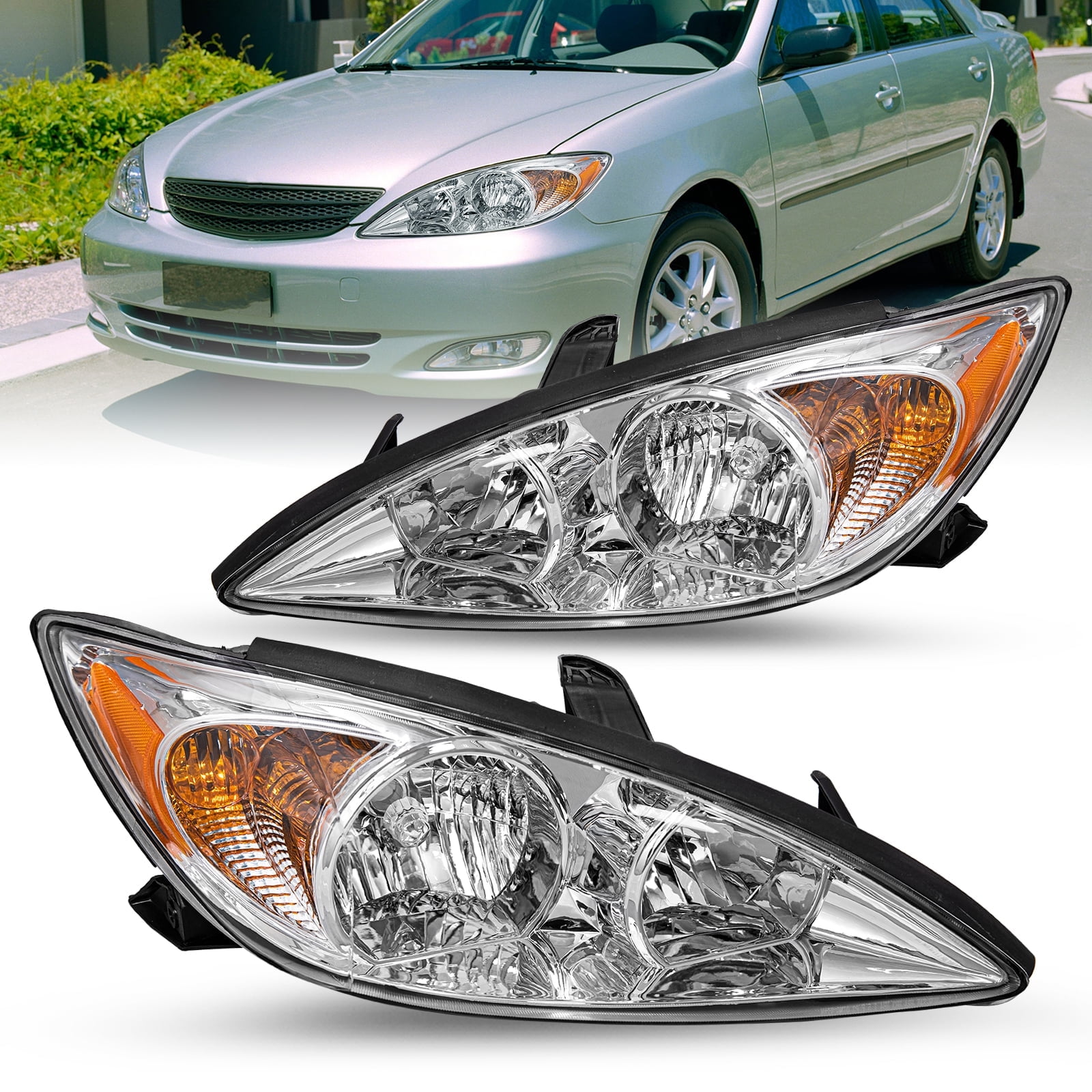 Headlights Assembly For 2002 2003 2004 Toyota Camry Chrome Amber ...