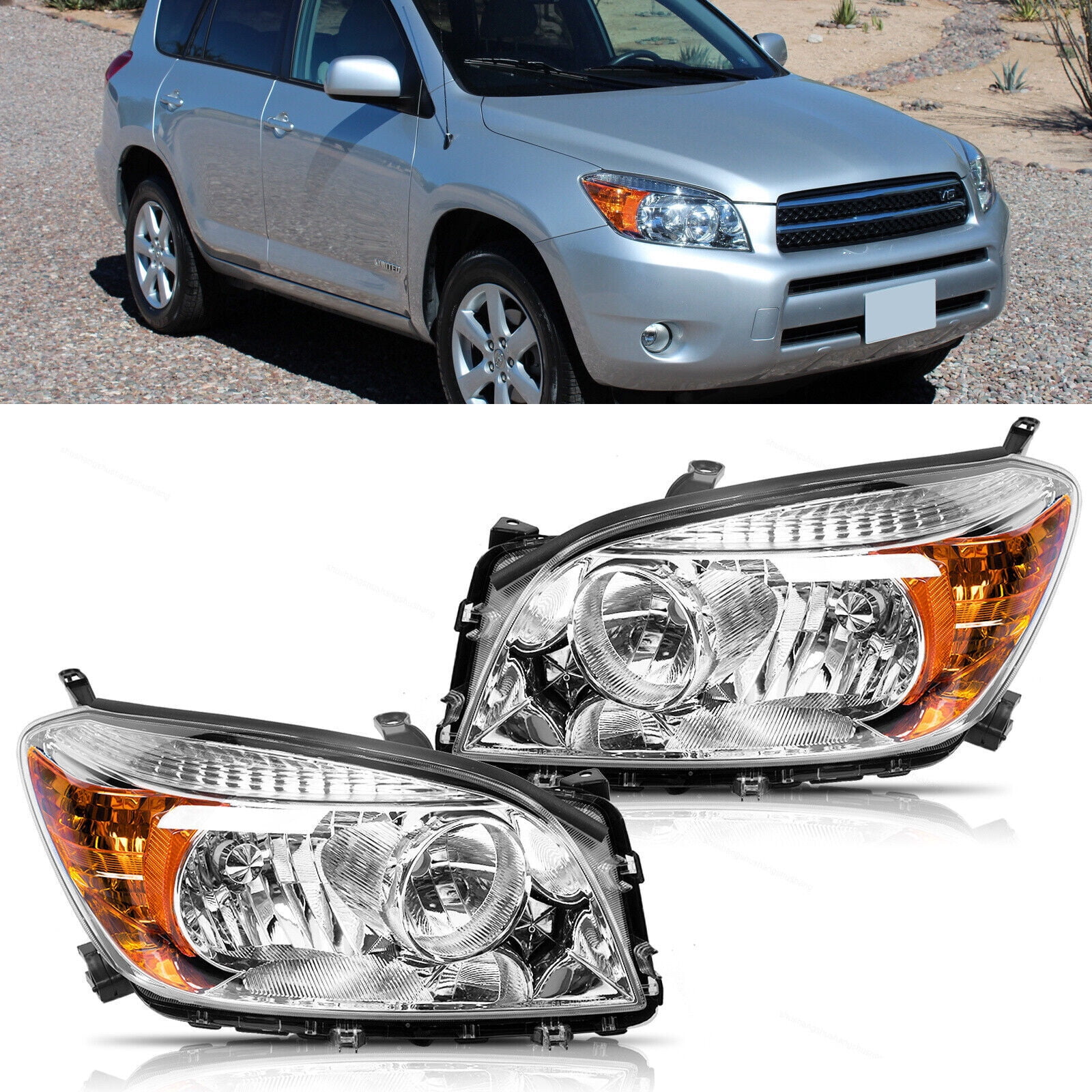 Headlights Assembly for 2006-2008 Toyota RAV4 Left + Right Chrome ...