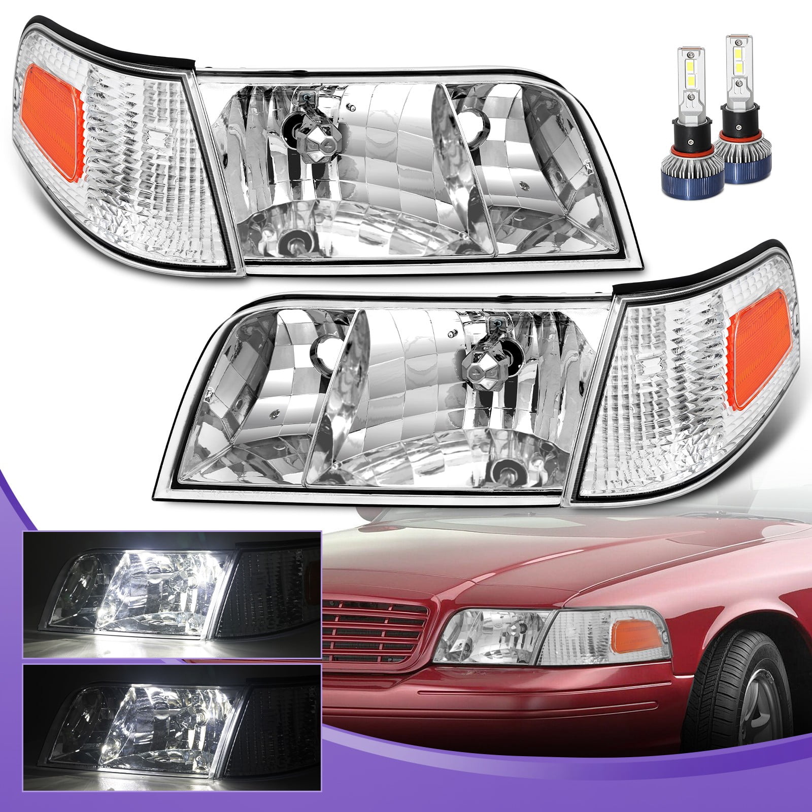 Headlights W/LED Bulbs For 1998-2011 Ford Crown Victoria Corner Signal ...
