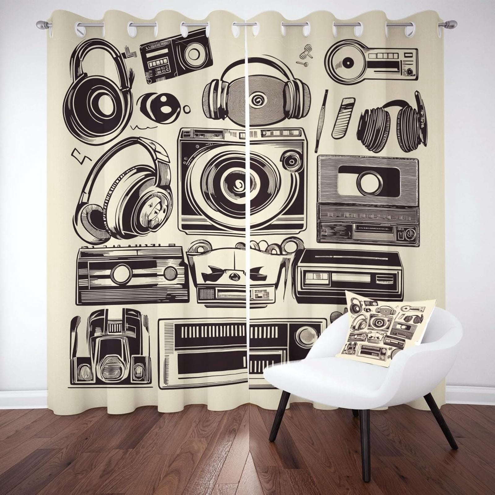 Headphone Recorder Blackout Curtains For Living Room, Retro Music Theme ...