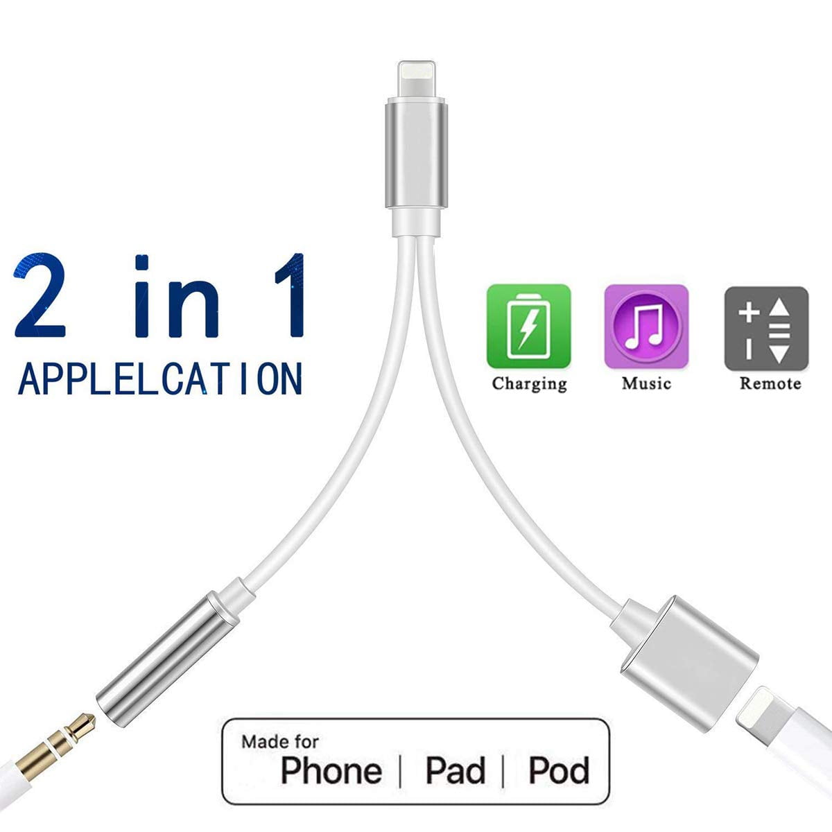 Headphones Adapter for Phone Charger Dongle 3.5mm Jack AUX Audio Cable ...