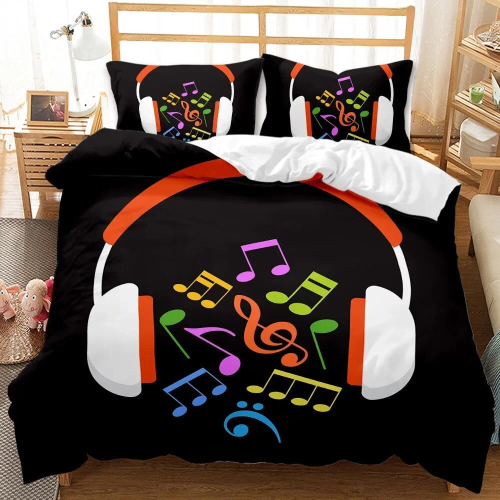 Headphones Duvet Cover Rock Music Melody Note Bedding Set Cool White ...