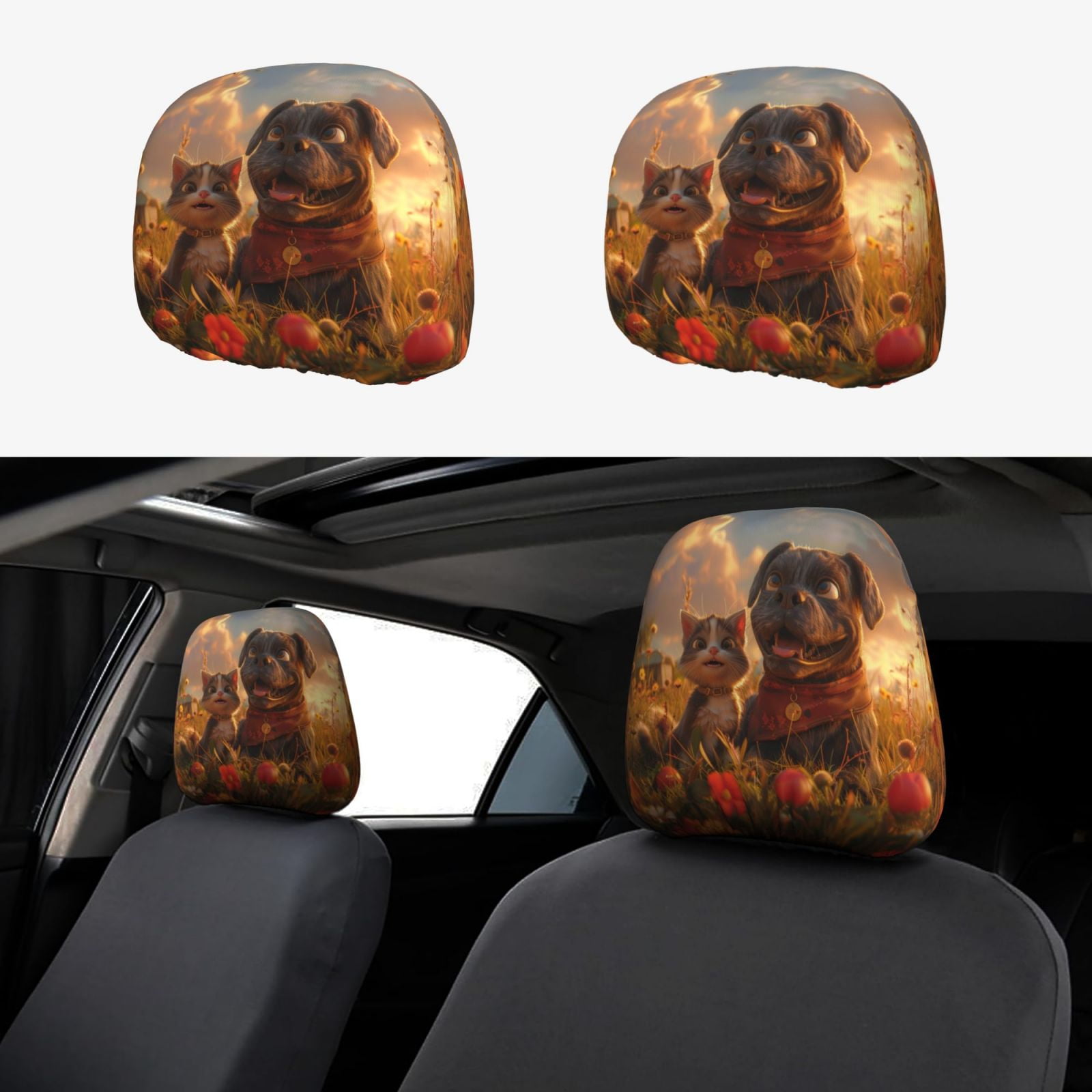 Headrest Cover for Cars, cat dog friendship 2 Pack Car Headrest Cover ...