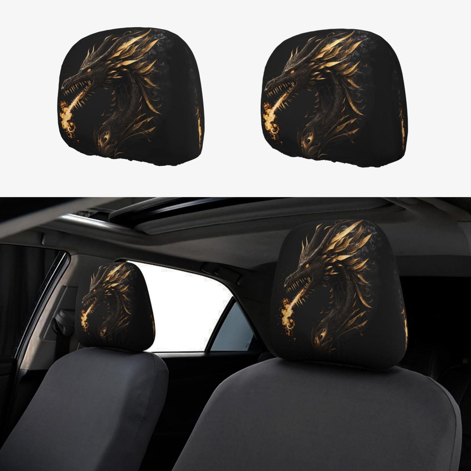 Headrest Covers for Cars 2 PCS - Black and Gold Fire Dragon Universal ...