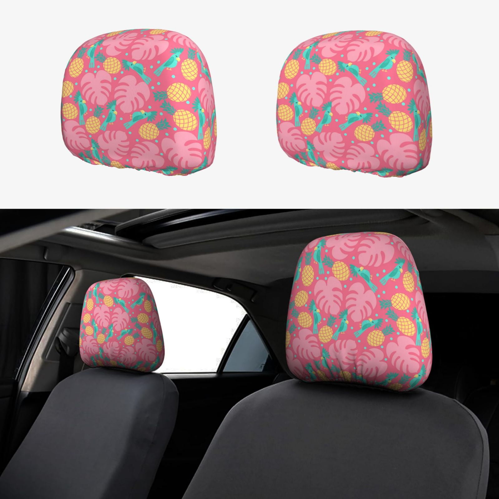 Headrest Covers for Cars 2 Pack, Cartoon Cockatoo Parrot Leaves Pink ...