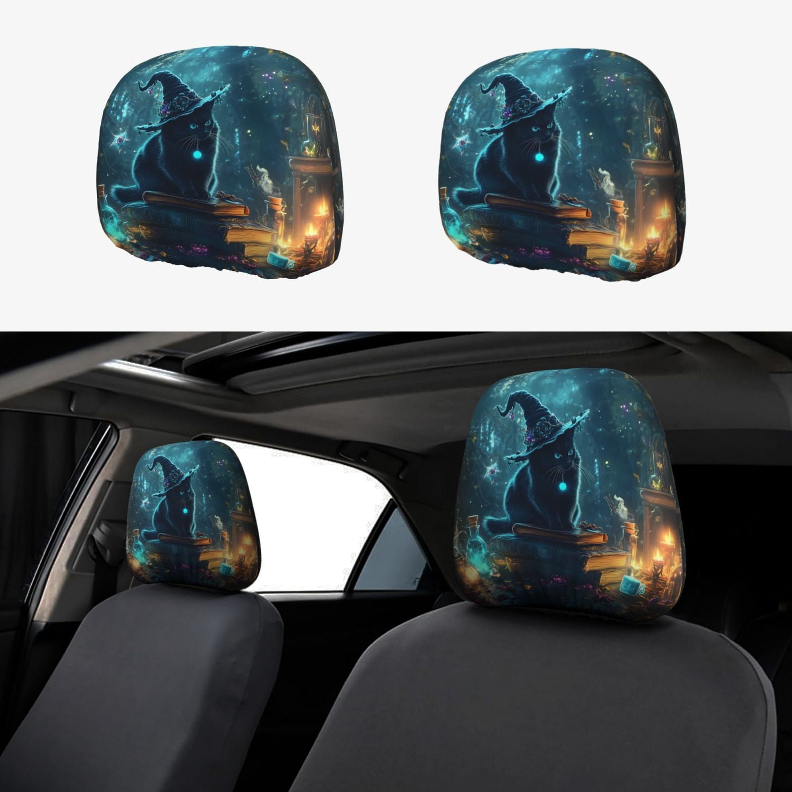 Headrest Covers for Cars 2 Pack, Halloween Mysterious Witch Hat Cat Car ...