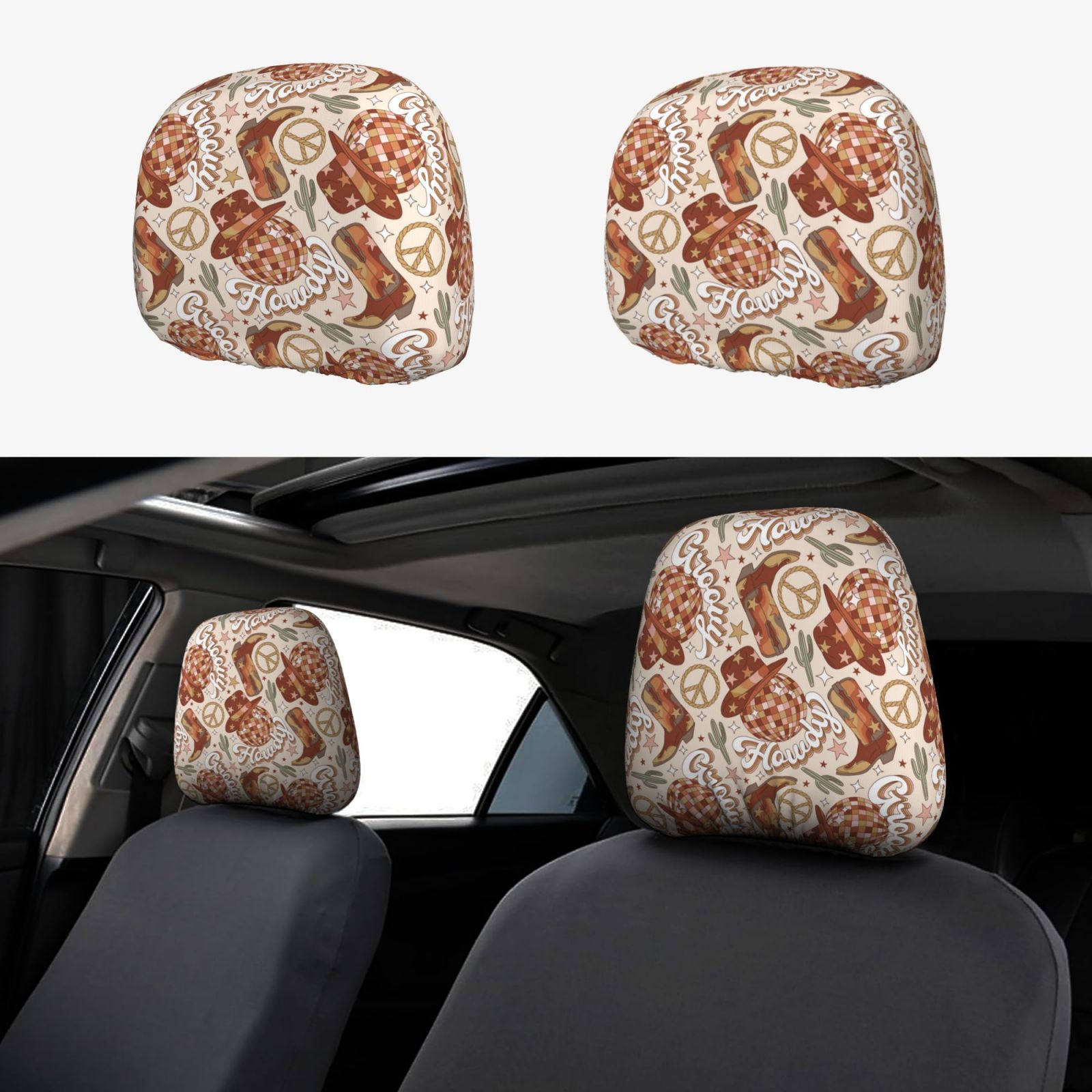 Headrest Covers for Cars 2 Pack, western disco cowboy hat boots retro ...