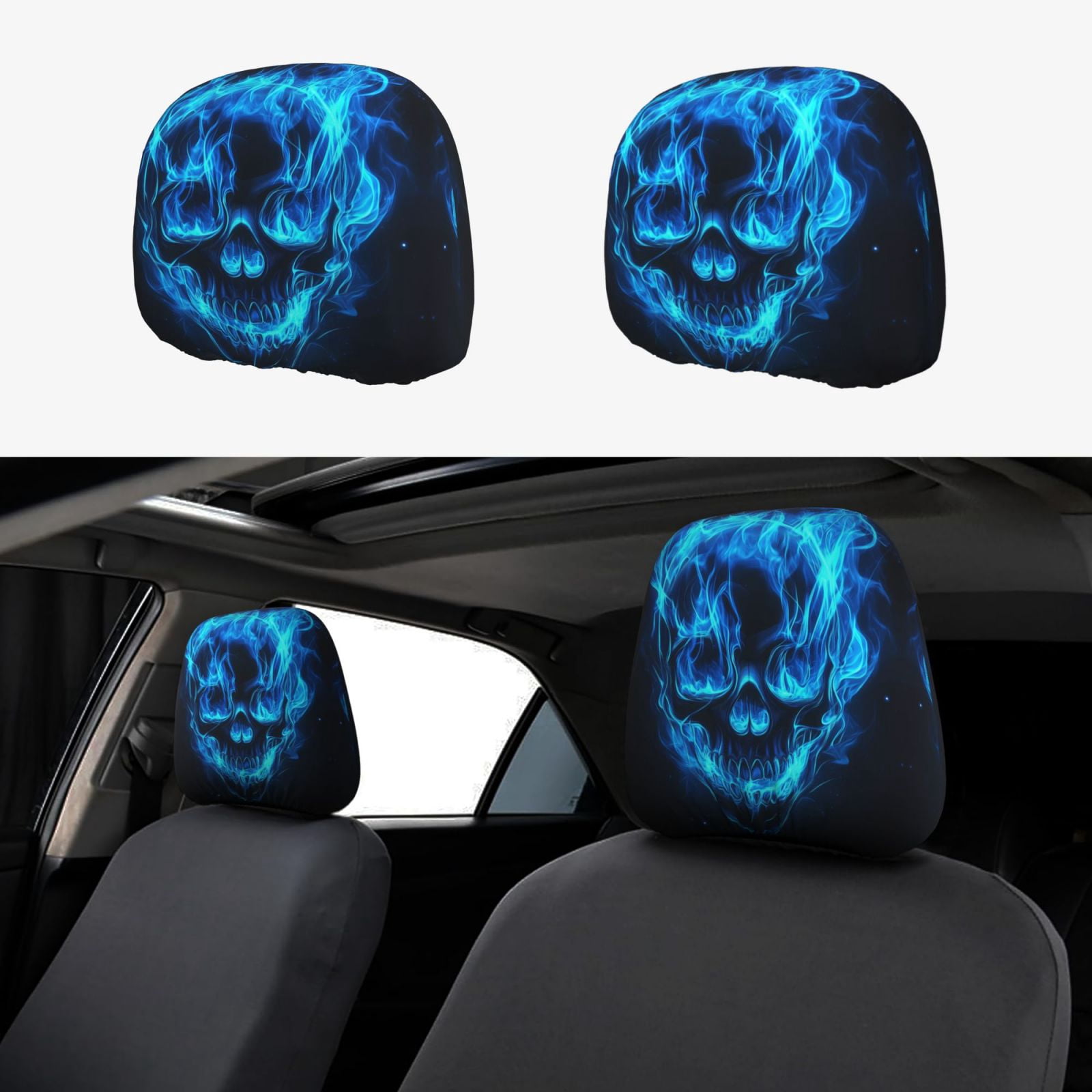 Headrest Covers for Cars - Blue flame cool skull 2 Pcs Car Headrest ...