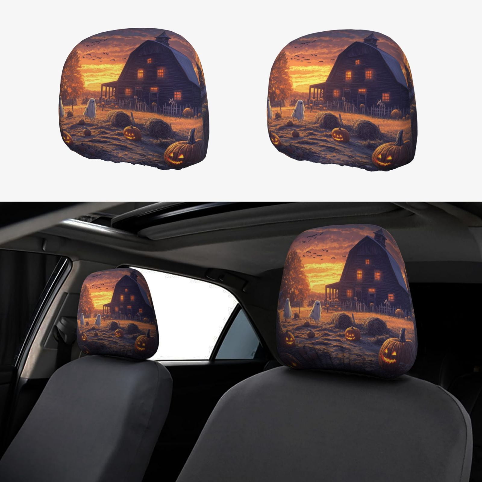 Headrest Covers for Cars - Halloween Farm Pumpkin Ghost A 2 Pcs Car ...