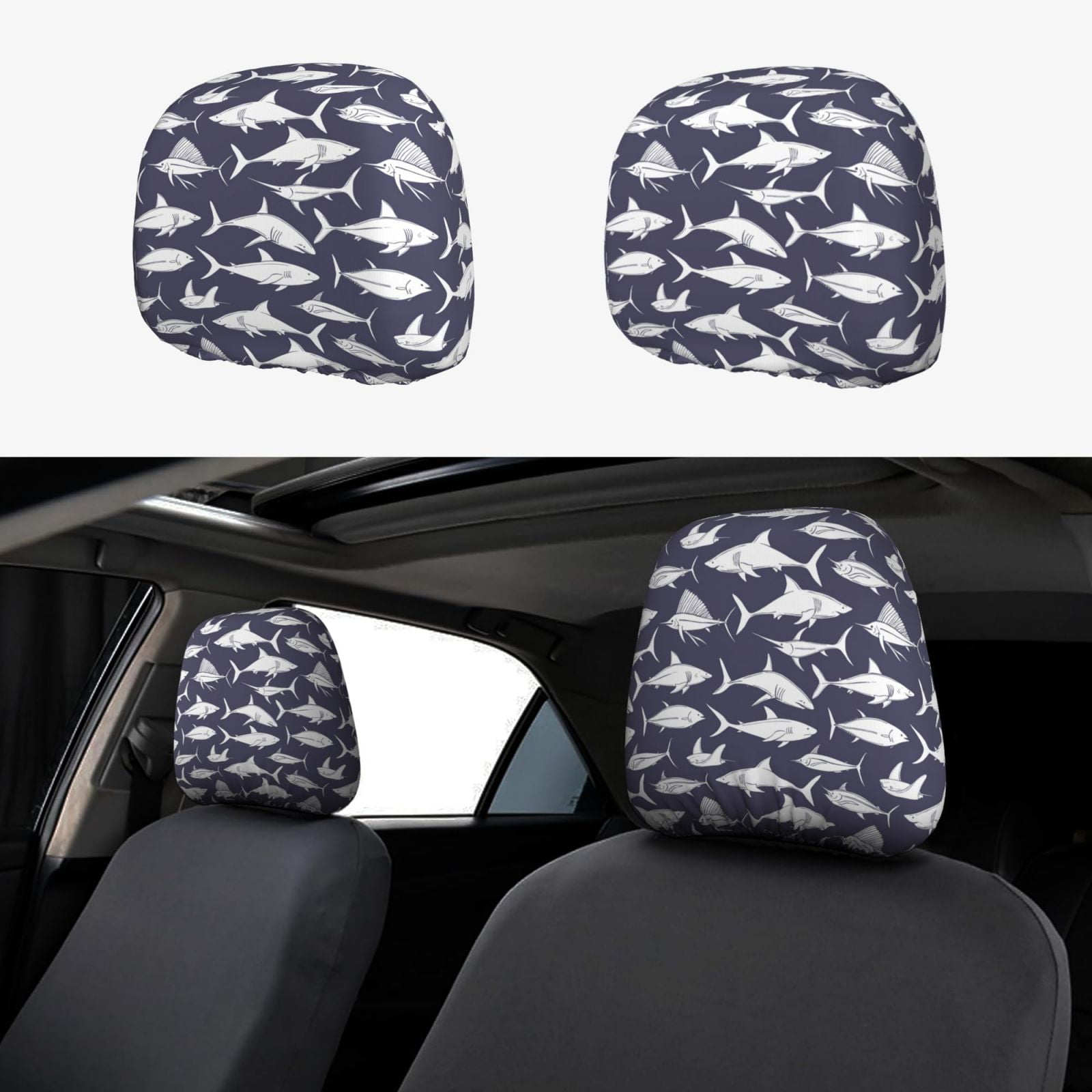 Headrest Covers for Cars - Hand drawn fish sharks cool 2 Pcs Car ...