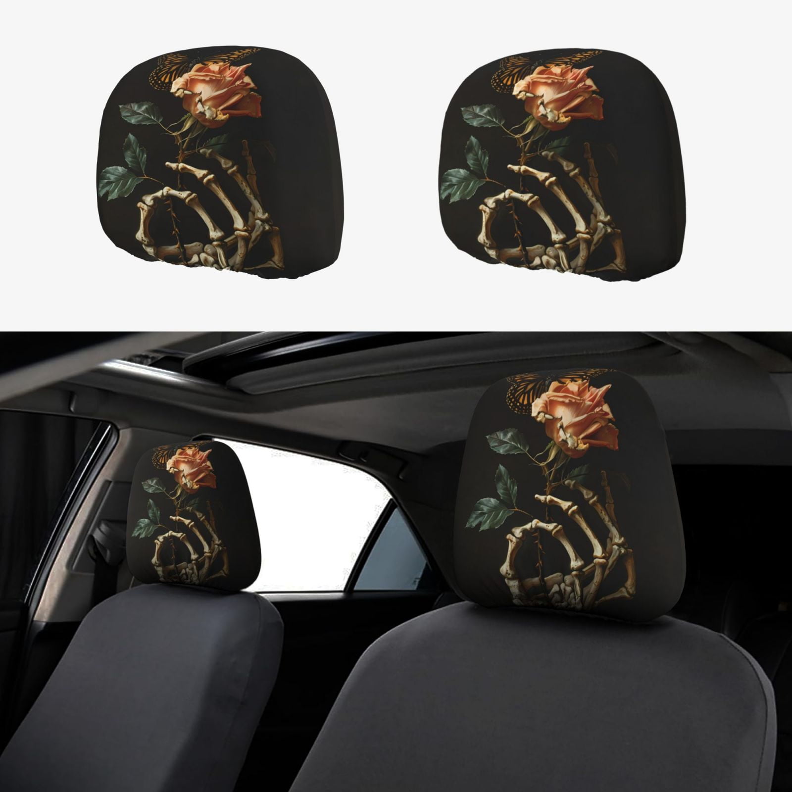 Headrest Covers for Cars - Skeleton Hand Rose Butterfly 2 Pcs Car ...