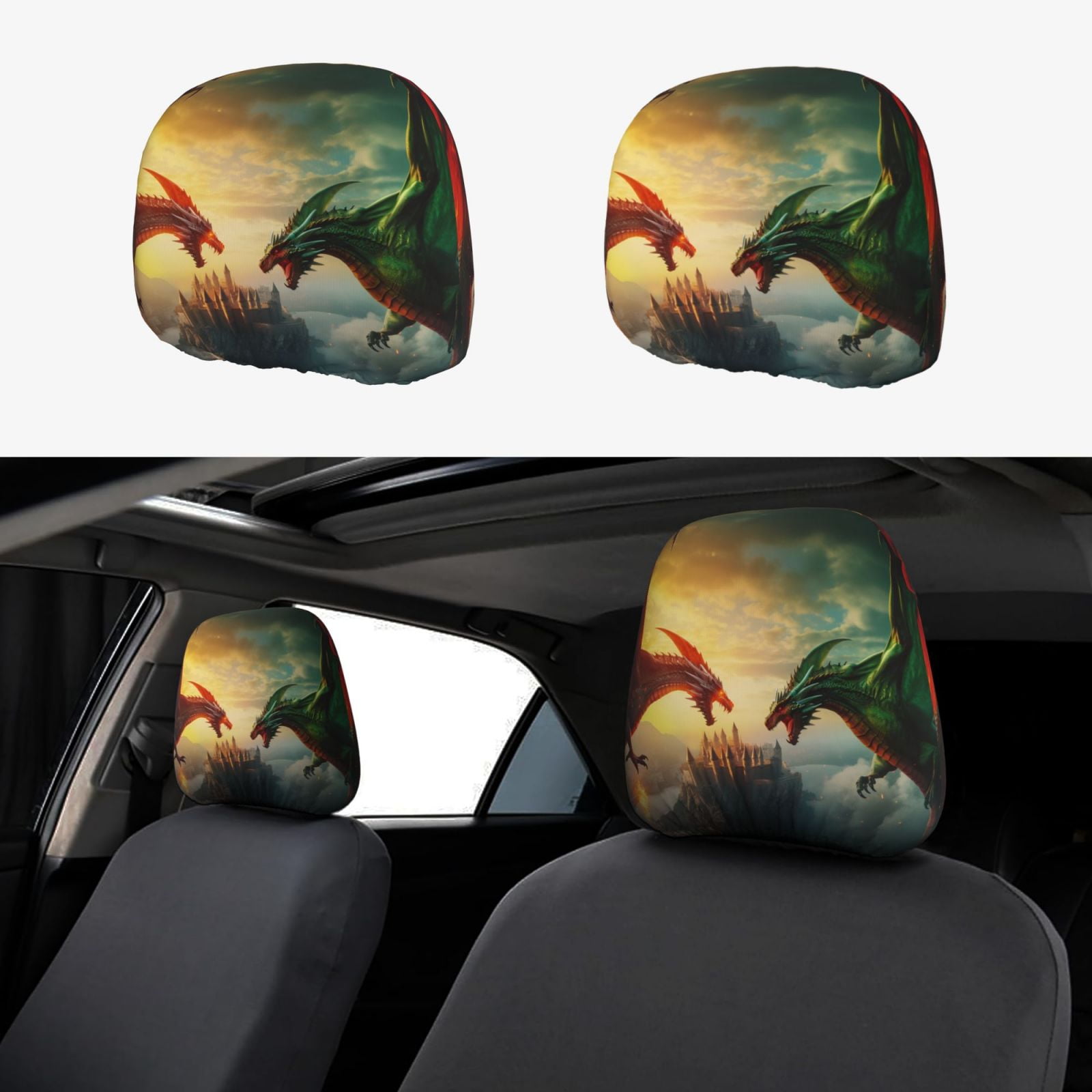 Headrest Covers for Cars 2 Pack, Castle Red Green Sky Dragon Car ...