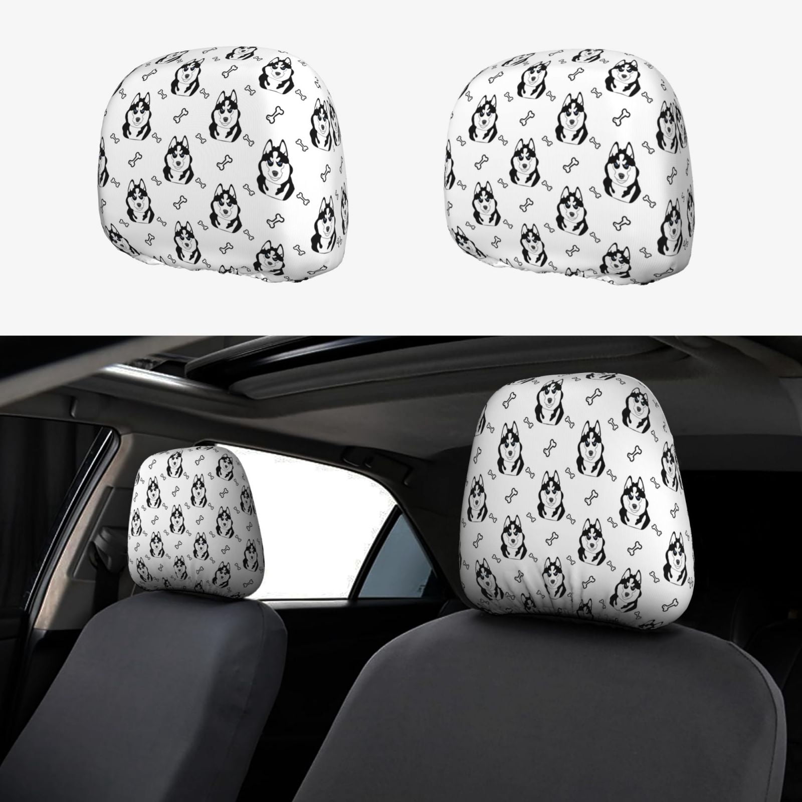 Headrest Covers for Cars 2 Pack, Cute Cartoon Husky Funny Bones Car ...
