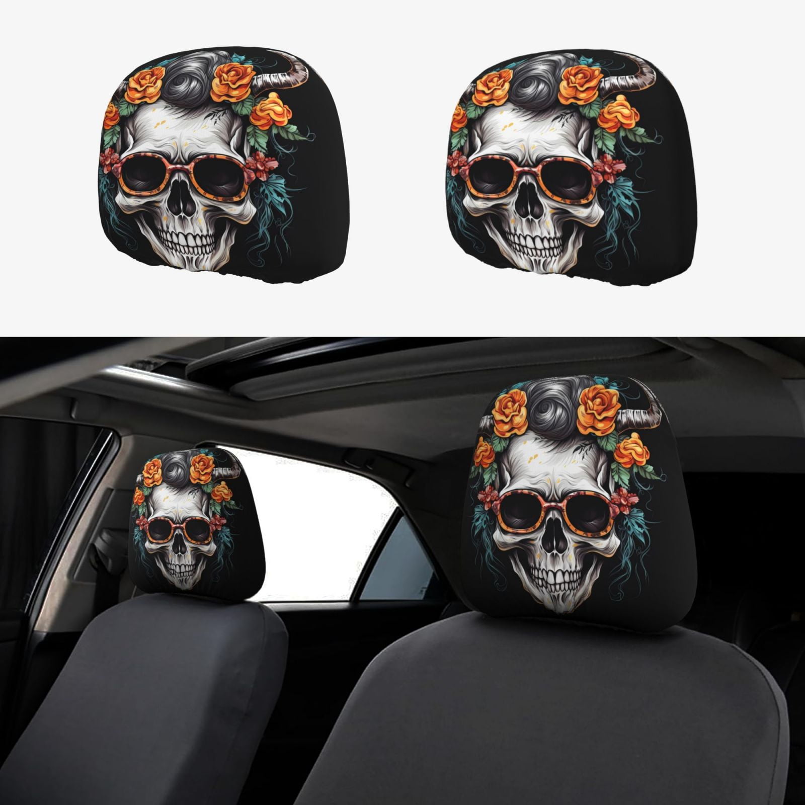 Headrest Covers for Cars 2 Pack, Flower Horn Skull A Car Headrest Cover ...