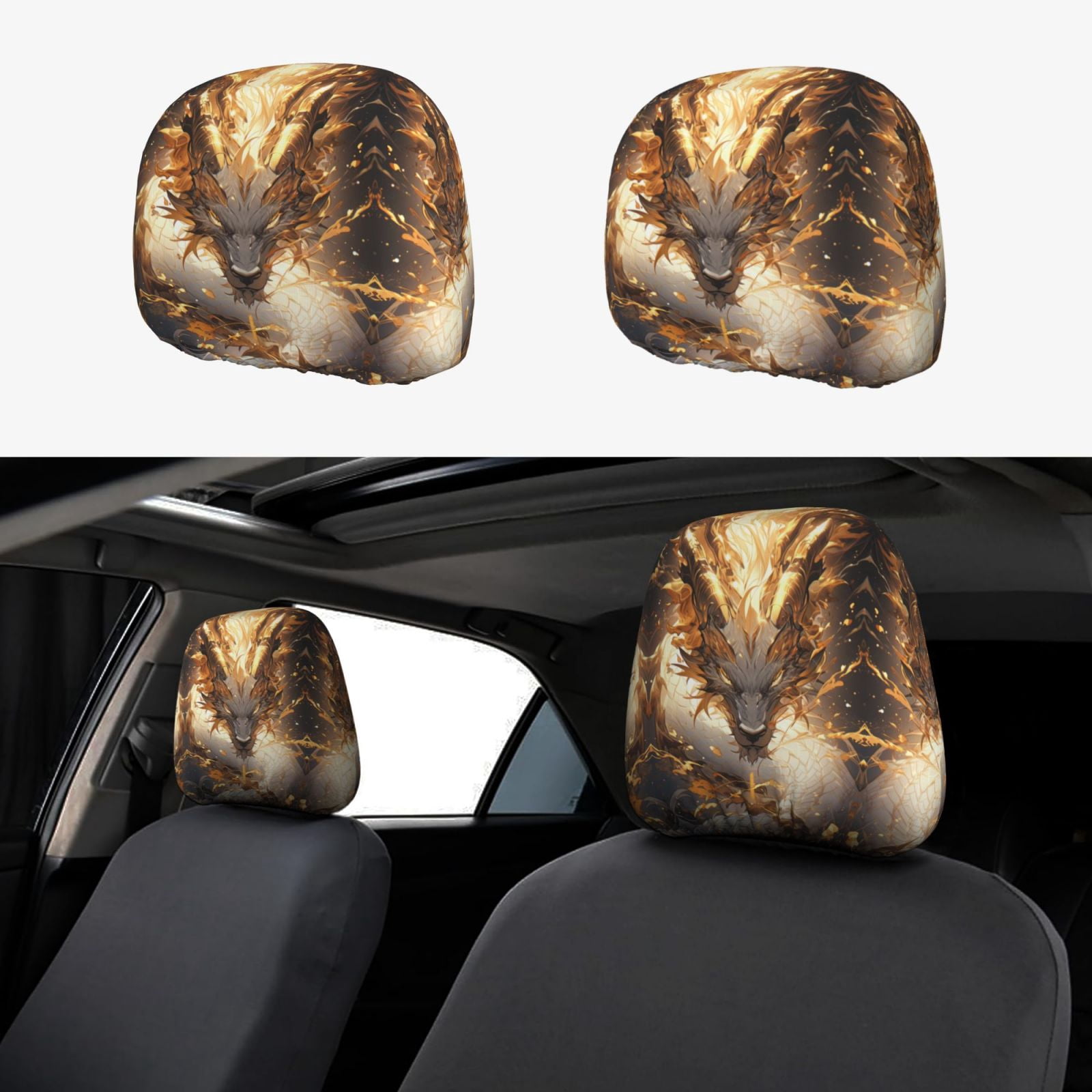 Headrest Covers for Cars 2 Pack, Golden Horned White Dragon Car ...