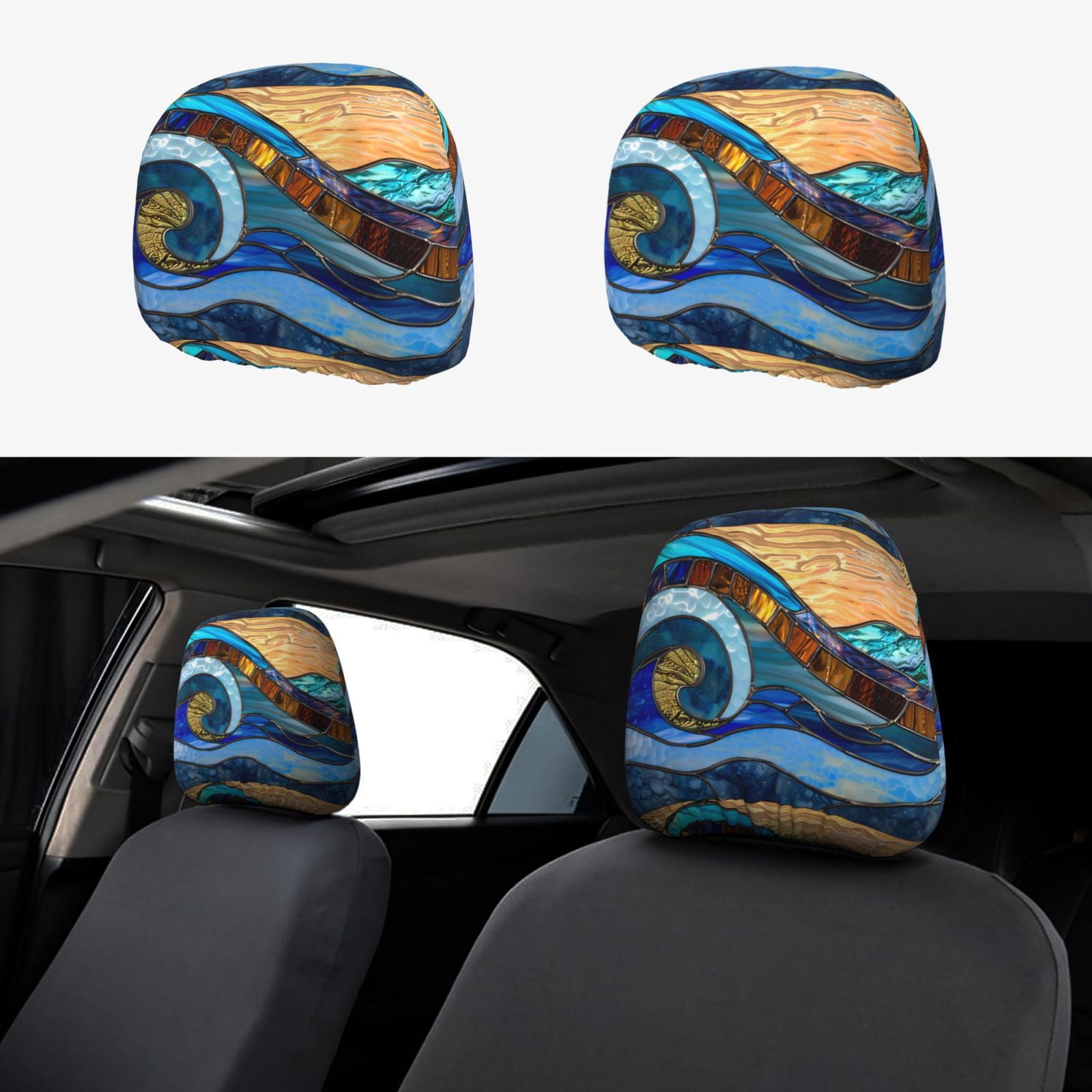 Headrest Covers for Cars 2 Pack, Stained Glass Ocean Wave Car Headrest ...