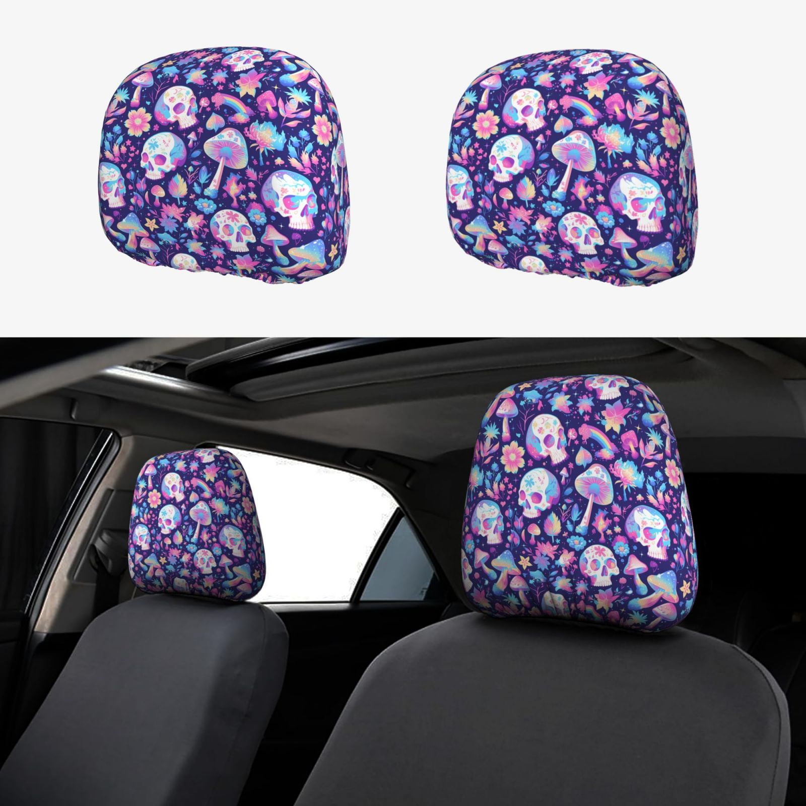 Headrest Covers for Cars 2 Pack, mushroom rainbow Skull cartoon Car ...