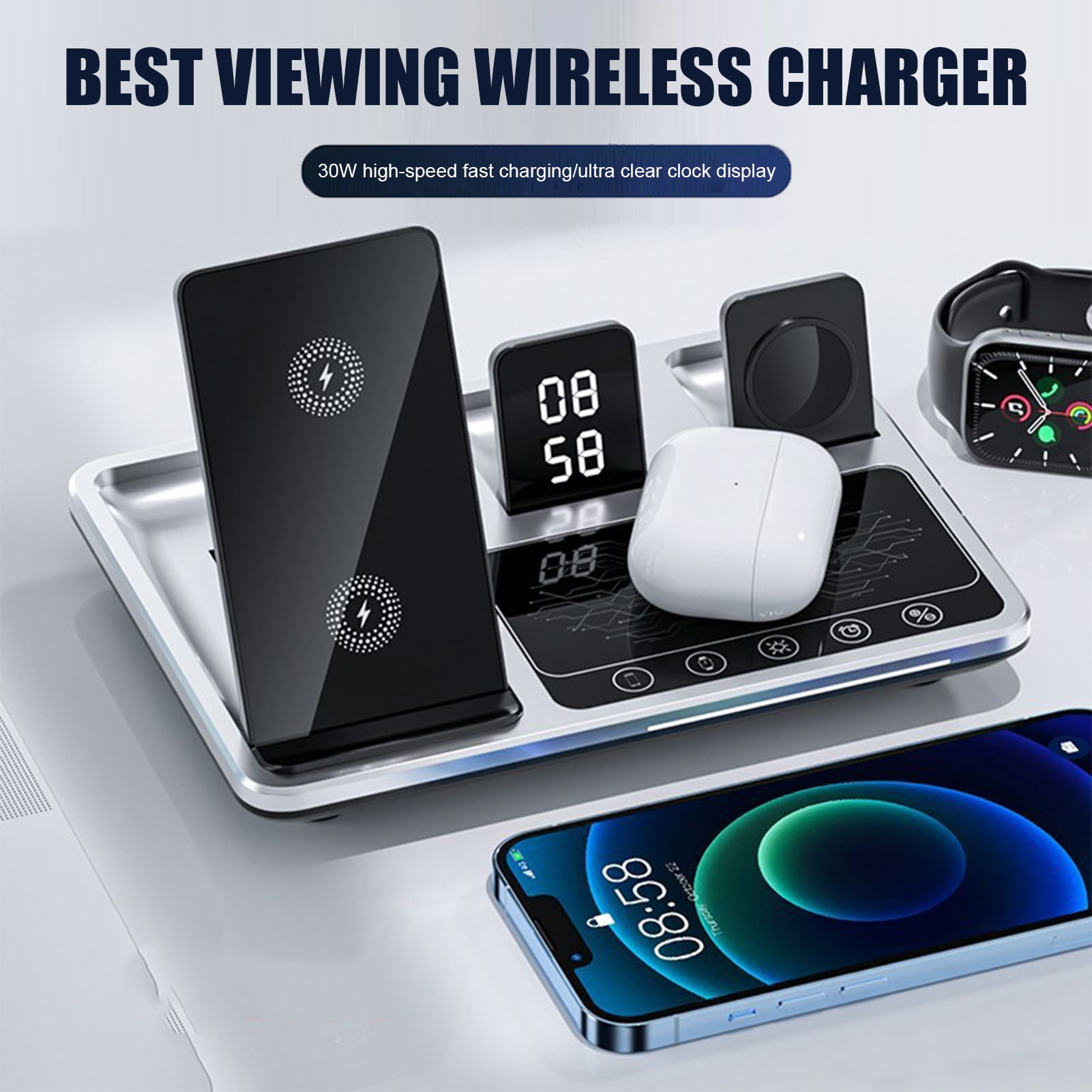 Heajfvd 4 in 1 Wireless Charger Stand with Alarm Clock & Night Light ...