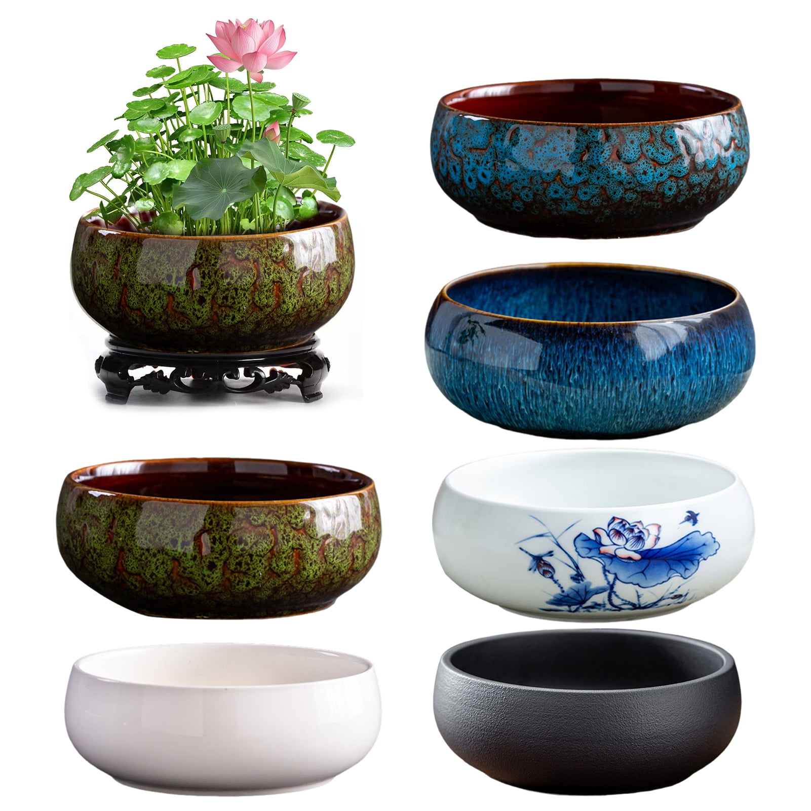 Heajfvd Ceramic Lotus Planter Large Caliber Non-Porous Round Vase ...