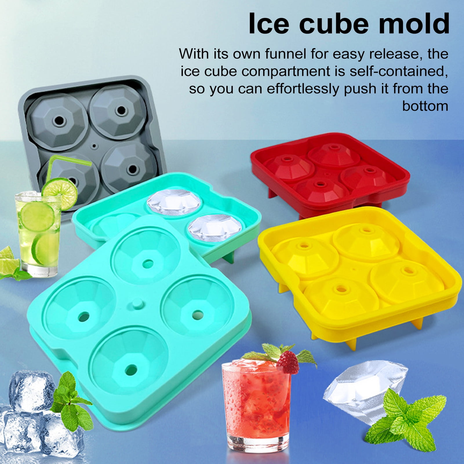 Heajfvd Ice Cube Tray Reusable Diamond Shape Silicone 4-cavity Ice Mold ...