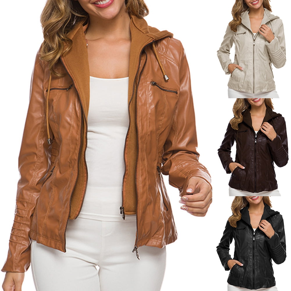 Heajfvd Plus Size Women Faux Leather Pocket Motor Jacket Solid Color ...