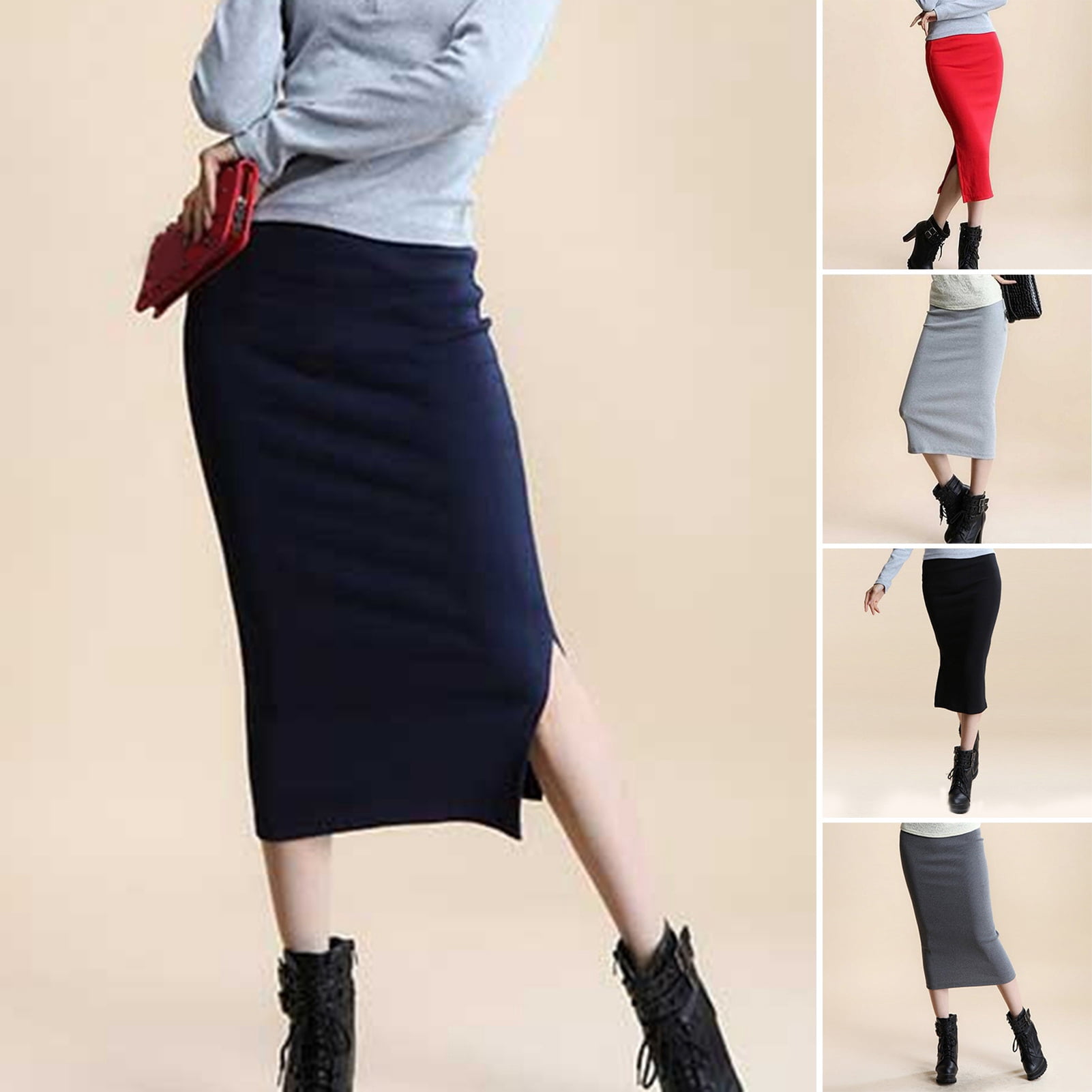 Heajfvd Women Midi Skirt Mid-rise Back Split Design Solid Color ...