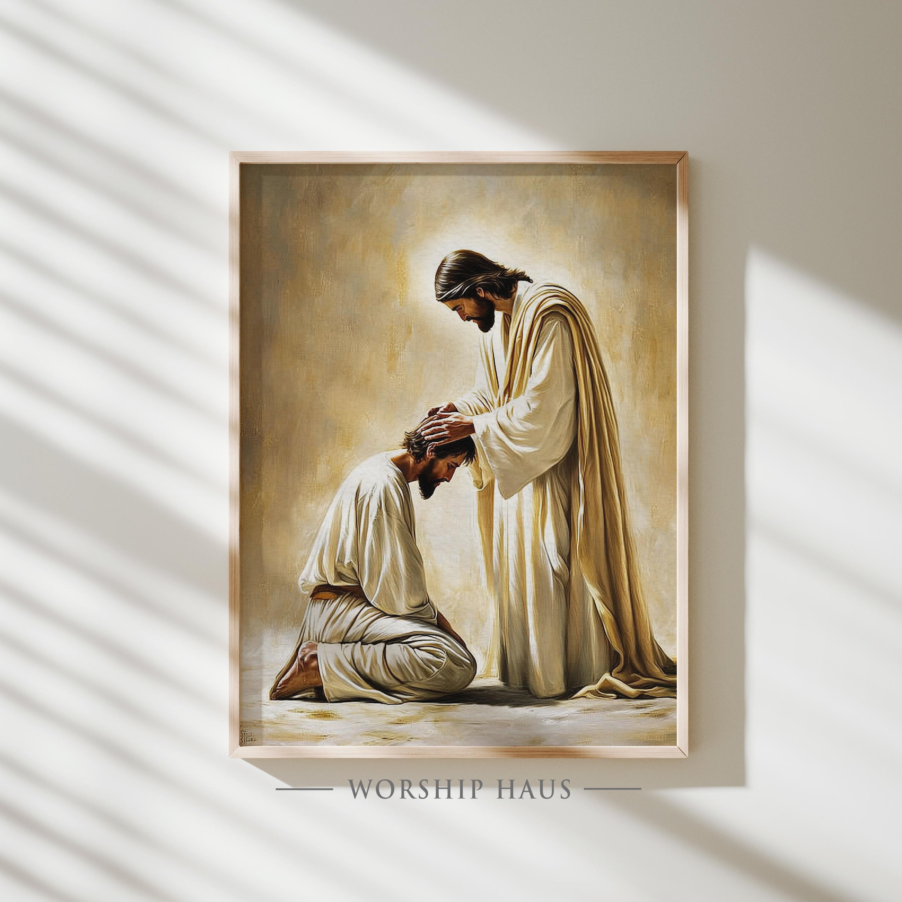 Healed Pain Christian Wall Art Jesus And Kneeling Woman Scene Religious ...