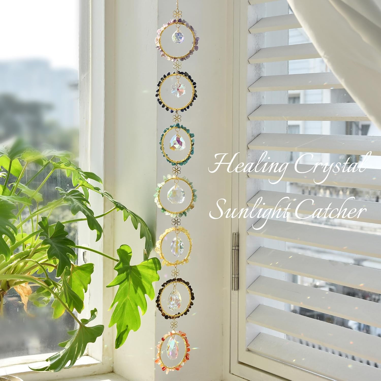 Healing Crystal Energy Wind Chime, 7 Chakra Crystal Sunlight Catcher ...