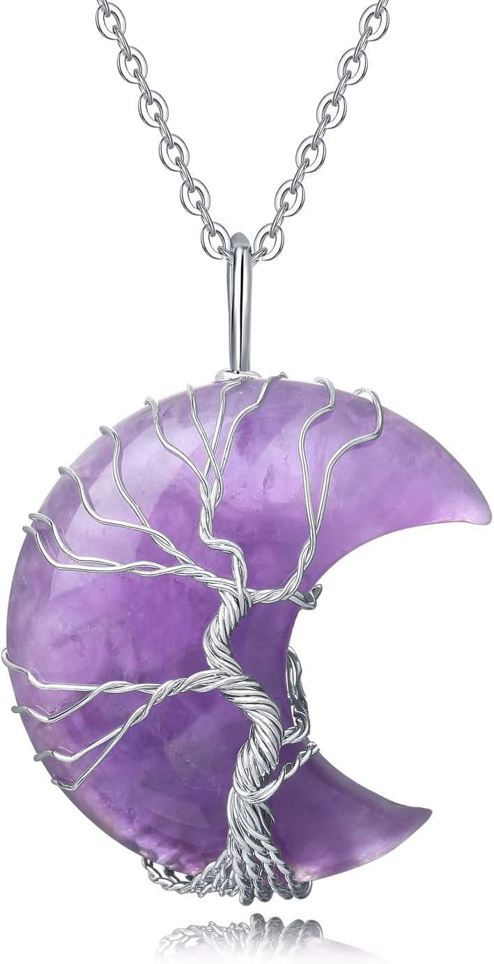 Healing Crystal Necklace Tree of Life Wire Wrapped Amethyst Crescent ...