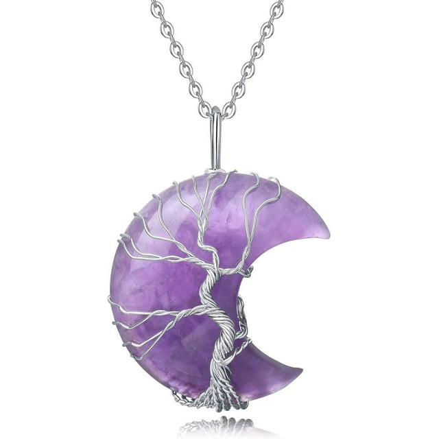 Healing Crystal Necklace Tree of Life Wire Wrapped Amethyst Crescent Moon Natural Stone Pendant ...