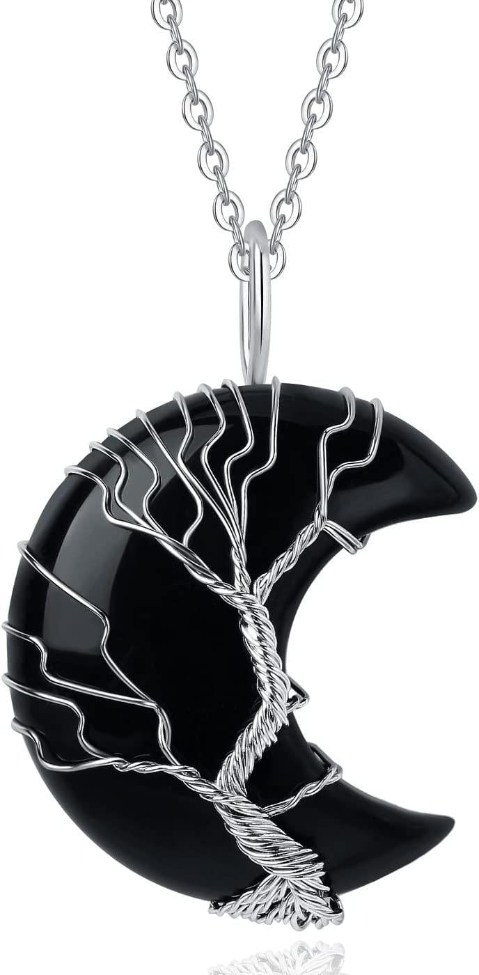 Healing Crystal Necklace Tree of Life Wire Wrapped Amethyst Crescent ...